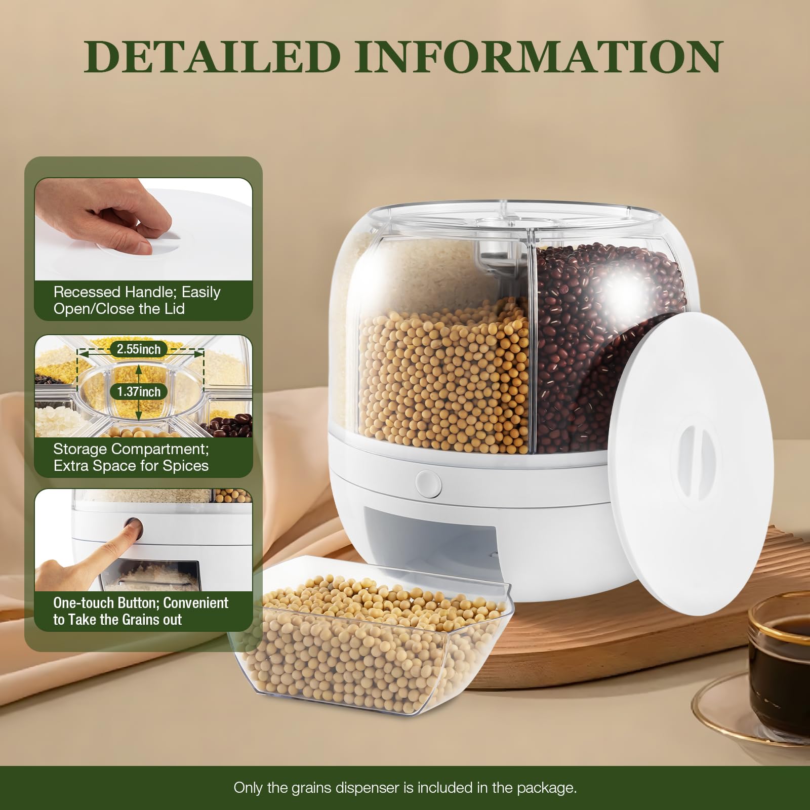 InnaMall Grains Storage Dispenser, 6 Grids Beans Container Storage with Sealed lid 13LBS Grain Container Distribution Bucket 360° Rotating Round Food Dispenser One-Click Output Rice Storage