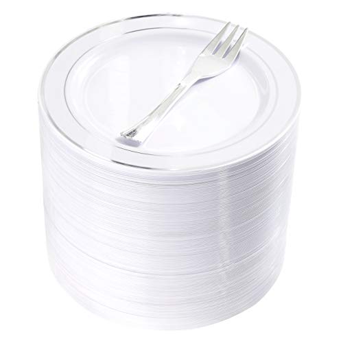 WELLIFE 120 PCS Silver Plastic Dessert Plates with 120 PCS Silver Forks,6.3 inch Disposable Salad Plates,Premium White Appetizer Plates with Silver Rims Ideal for Weddings& Parties.