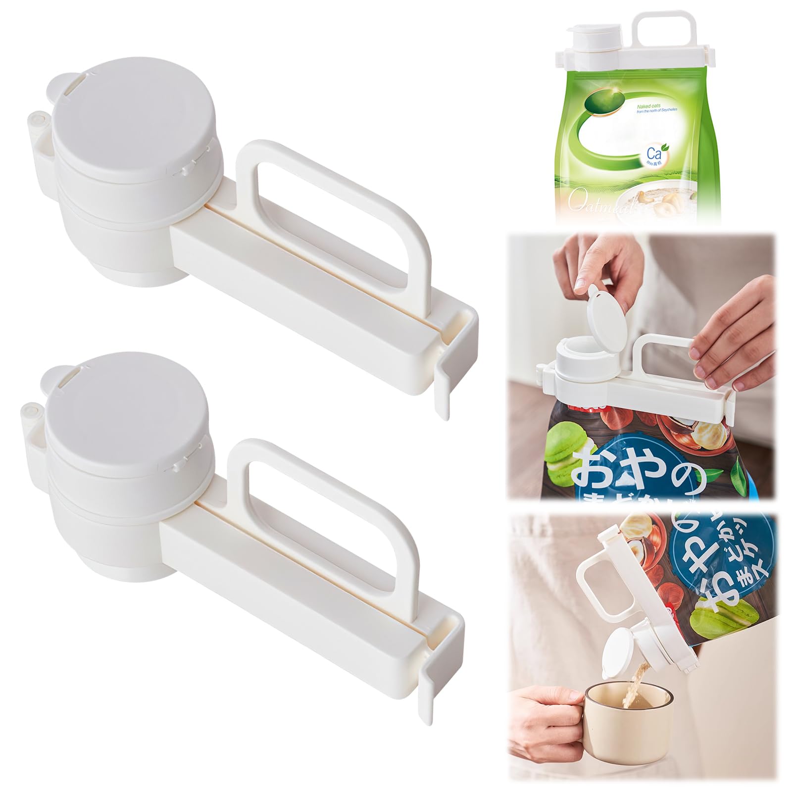 2PCS Food Bag Sealing Clip with Pour Spout, Bag Clips for Food Storage, Reusable Plastic Cap Sealer Clips, Suitable for Food, Liquid,Flour and Baby Food Storage Organizer