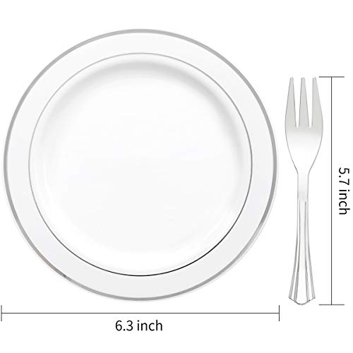 WELLIFE 120 PCS Silver Plastic Dessert Plates with 120 PCS Silver Forks,6.3 inch Disposable Salad Plates,Premium White Appetizer Plates with Silver Rims Ideal for Weddings& Parties.