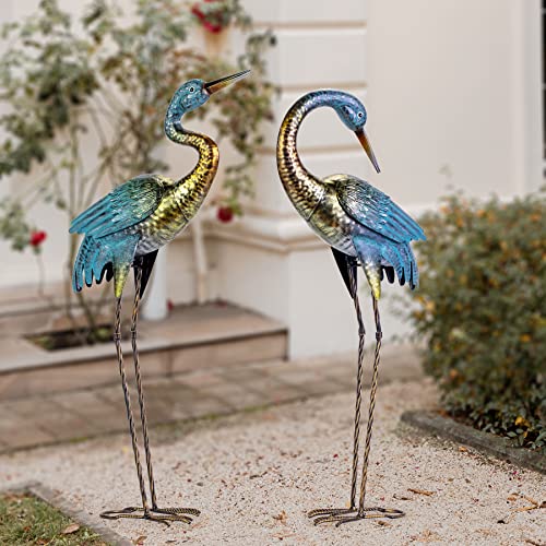 Natelf Garden Crane Statues Outdoor, Standing Blue Heron Decoy Sculptures, Metal Bird Yard Art for Lawn Patio Backyard Decoration(Set of 2)