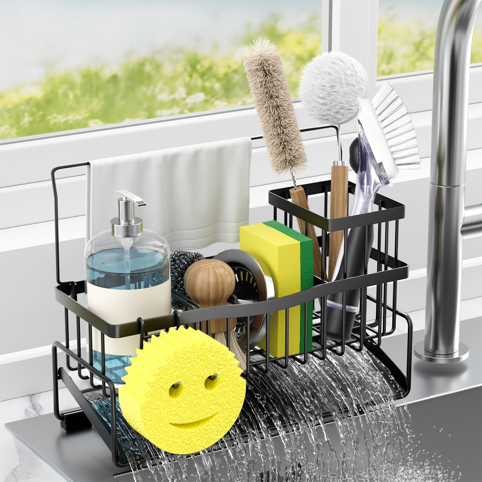 Adurei Kitchen Sink Caddy Sponge Holder for Kitchen Sink SUS304 Stainless Steel Rack with High Brush Holder Smiley Face Sponge Hook Towel Holder and Divider Gadgets Organizer for Counter
