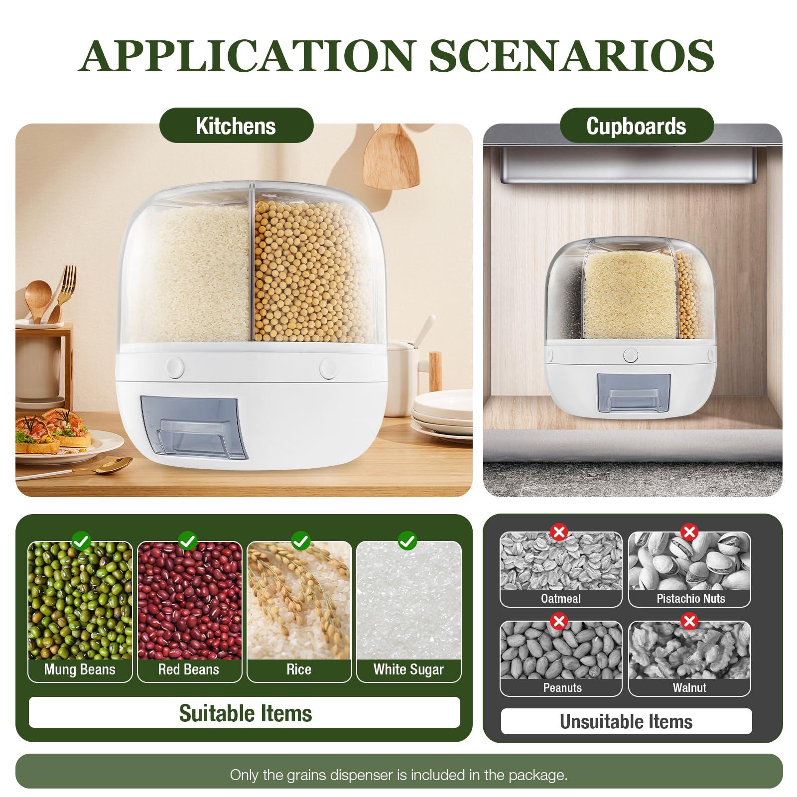 InnaMall Grains Storage Dispenser, 6 Grids Beans Container Storage with Sealed lid 13LBS Grain Container Distribution Bucket 360° Rotating Round Food Dispenser One-Click Output Rice Storage