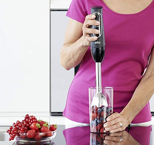 Braun 4-in-1 Immersion Hand Blender, Powerful 350W Stainless Steel Stick Blender, Multi-Speed + 2-Cup Food Processor, Whisk, Beaker, Masher, Easy to Clean, Black, MultiQuick MQ537BK