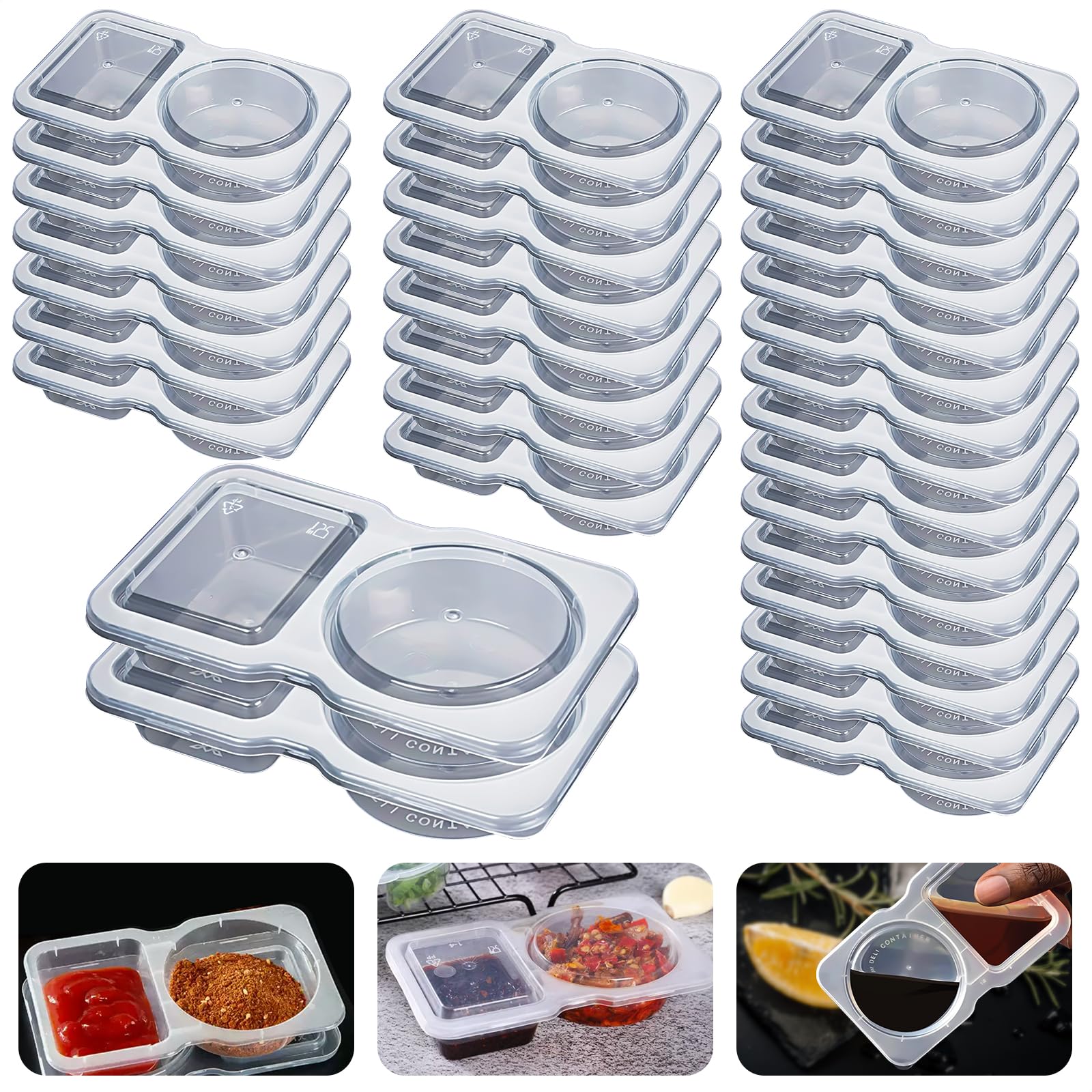 Double Compartment Condiment Containers with Lids, 2024 New Disposable 2 Compartment Snack Containers, Portion Cups Reusable Plastic Snack Container for to-go Sauce, Sampling, Travel Snack (32 PCS)