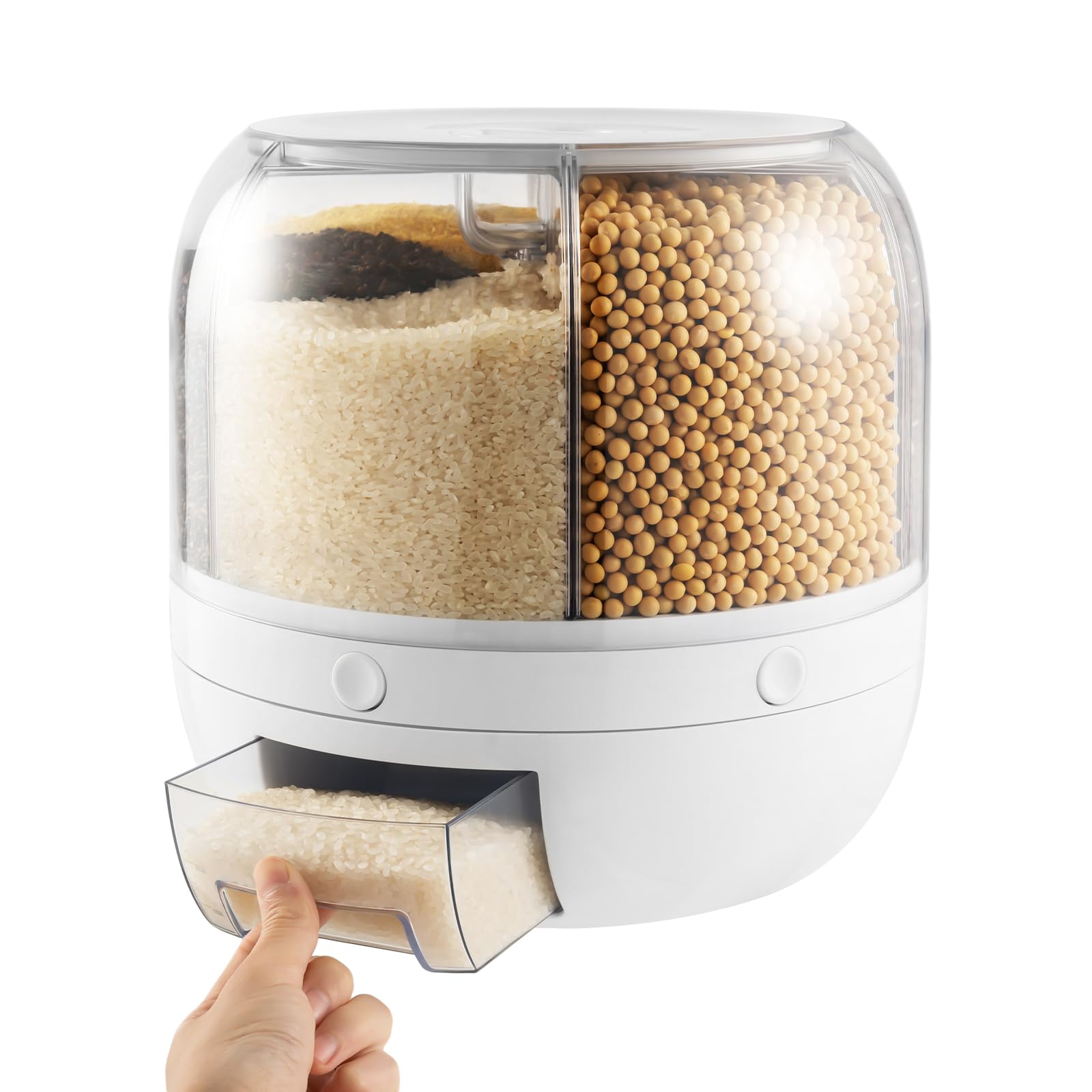 InnaMall Grains Storage Dispenser, 6 Grids Beans Container Storage with Sealed lid 13LBS Grain Container Distribution Bucket 360° Rotating Round Food Dispenser One-Click Output Rice Storage