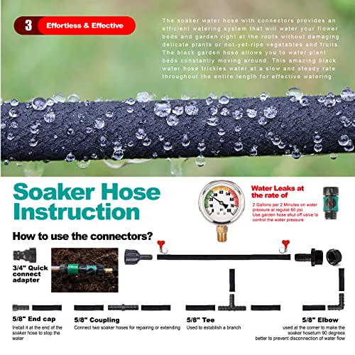 Soaker Hose,150 FT Solid Brass Connector 1/2" Heavy Duty Soaker Garden Hoses for Garden Beds, Tree,Lawn and Plants