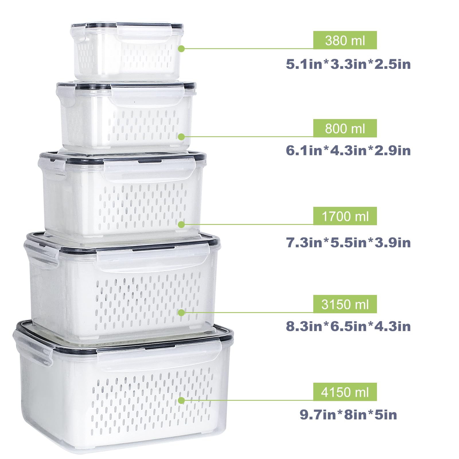 5 Pack Fruit Storage Containers for Fridge,Multi Food Storage Containers Removable Colander Storage Containers with Lid - Suitable for Fruits, Vegetables, Berries, Meat, etc