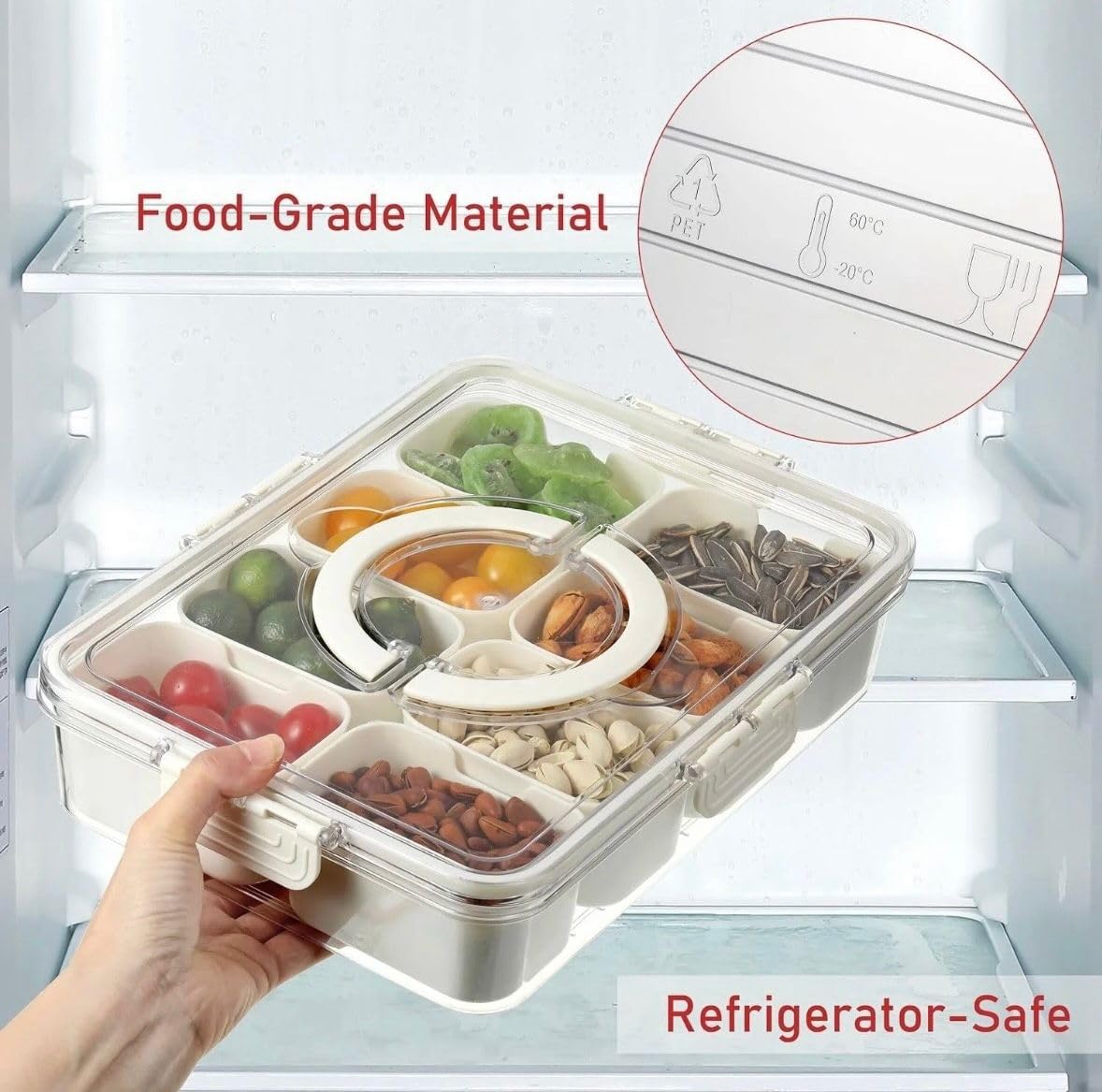 Generic Snack Box Container- Lunch Containers for Adults- Divided Serving Tray with Lid and Handle- Snack Tray Organizer- Snackle Charcuterie Boxes for, Adults, Travel, Party and Picnic., White