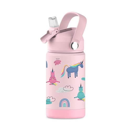 Hippypotamus Kids Water Bottle - Vacuum Insulated Stainless Steel Thermos Bottle With Straw Lid & Soft Spout For Toddlers & Kids - 12 oz (Pink Unicorn)