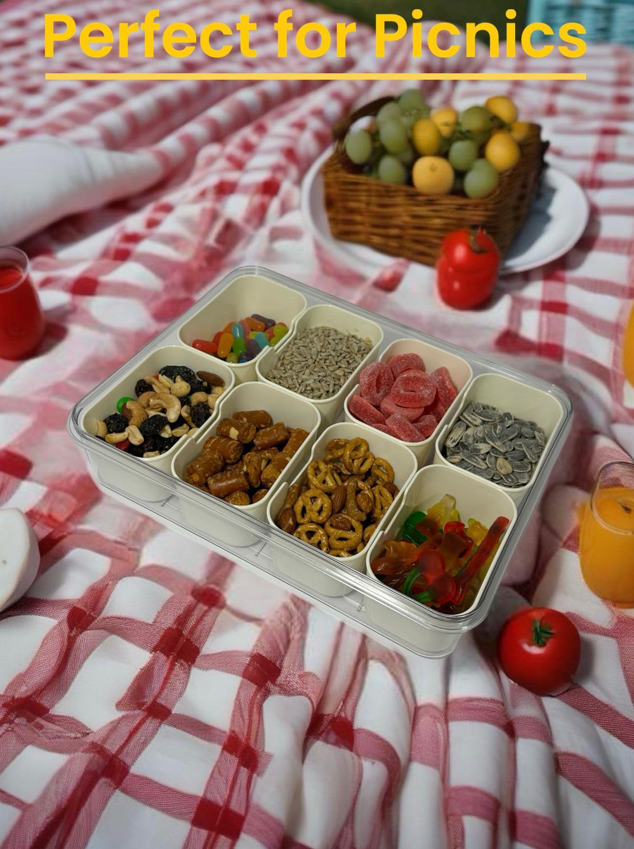 Generic Snack Box Container- Lunch Containers for Adults- Divided Serving Tray with Lid and Handle- Snack Tray Organizer- Snackle Charcuterie Boxes for, Adults, Travel, Party and Picnic., White