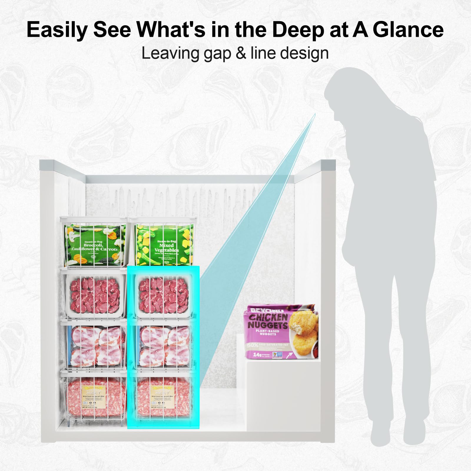 iSPECLE Deep Freezer Organizer Bins - 4 Pack Stackable Small Freezer Organizer Bins for 5 to 9 Cu.FT Small Chest Freezer Sort Frozen Food Easy to Get Food from Bottom without Digging in Freezer, White