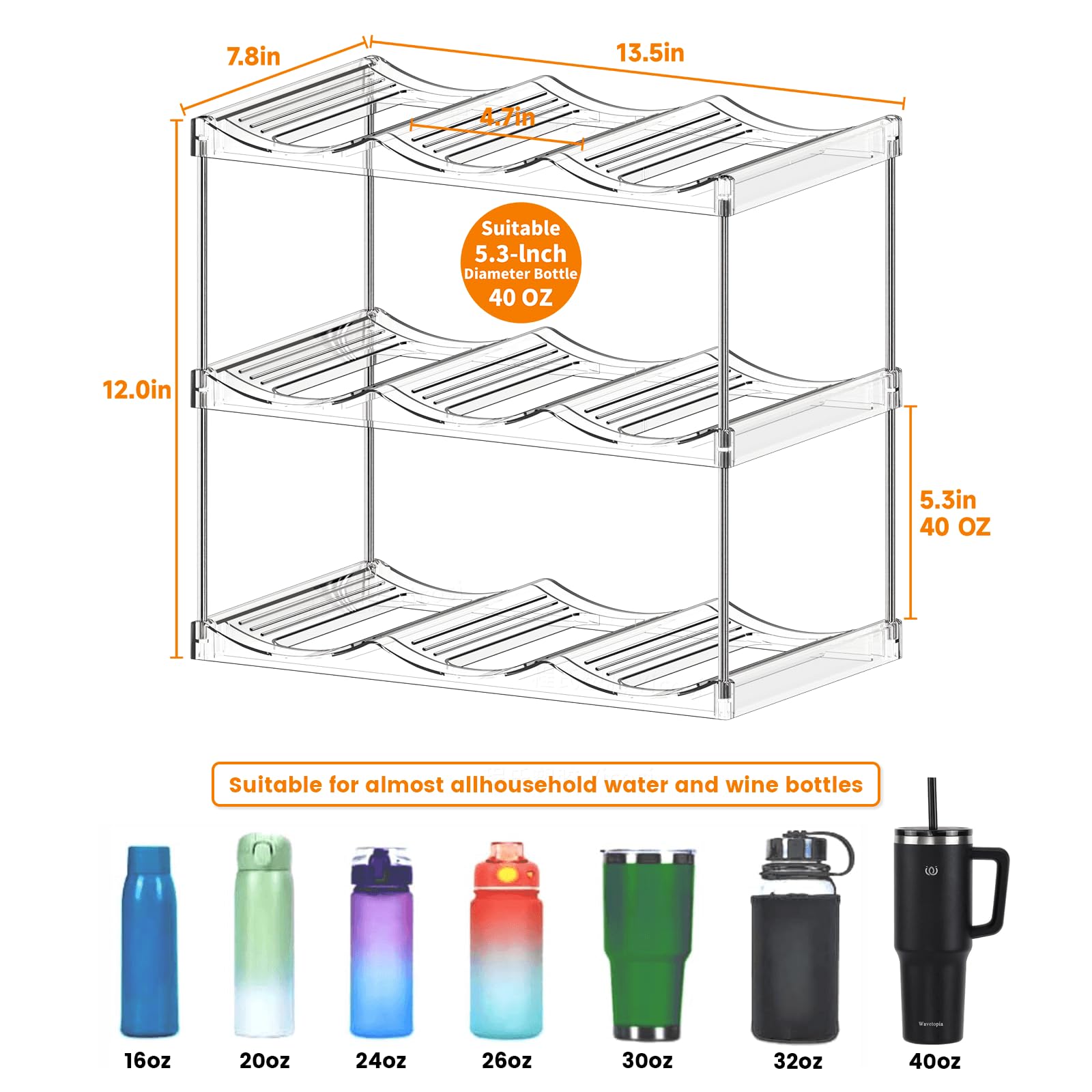 SuoXing Large Compartment Stackable Water Bottle Organizer for Stanley 40 Oz,3 Packs Hold 9 Bottles Stackable Bottle Storage Organizer,Clear Tumbler Travel Organizer for Kitchen Cabinets Wine Rack