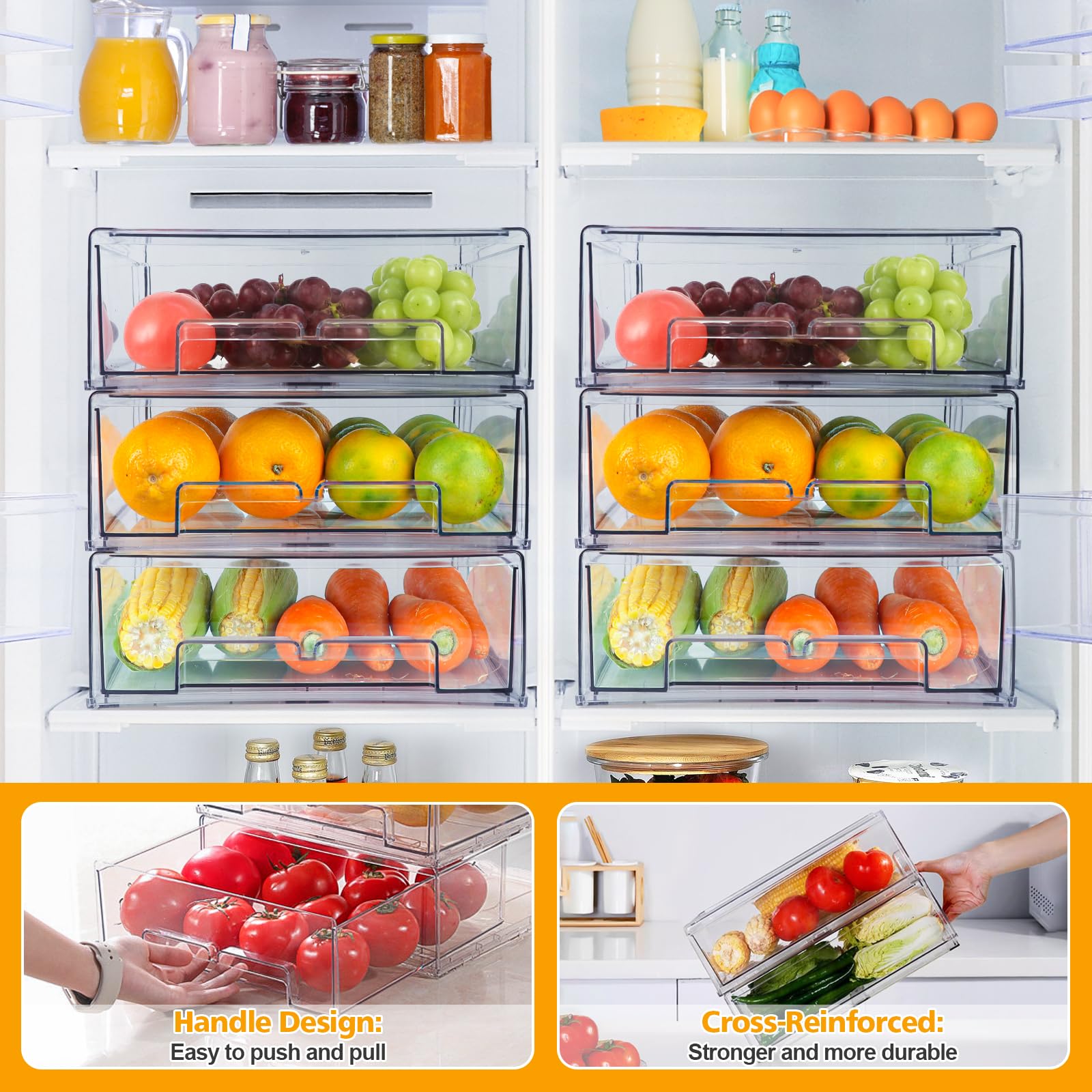 3 Pcs Extra Large Refrigerator Organizer Bins - Pull-Out & Stackable Fridge Drawers, Clear Food Storage Containers for Fruit & Vegetables, Kitchen & Freezers