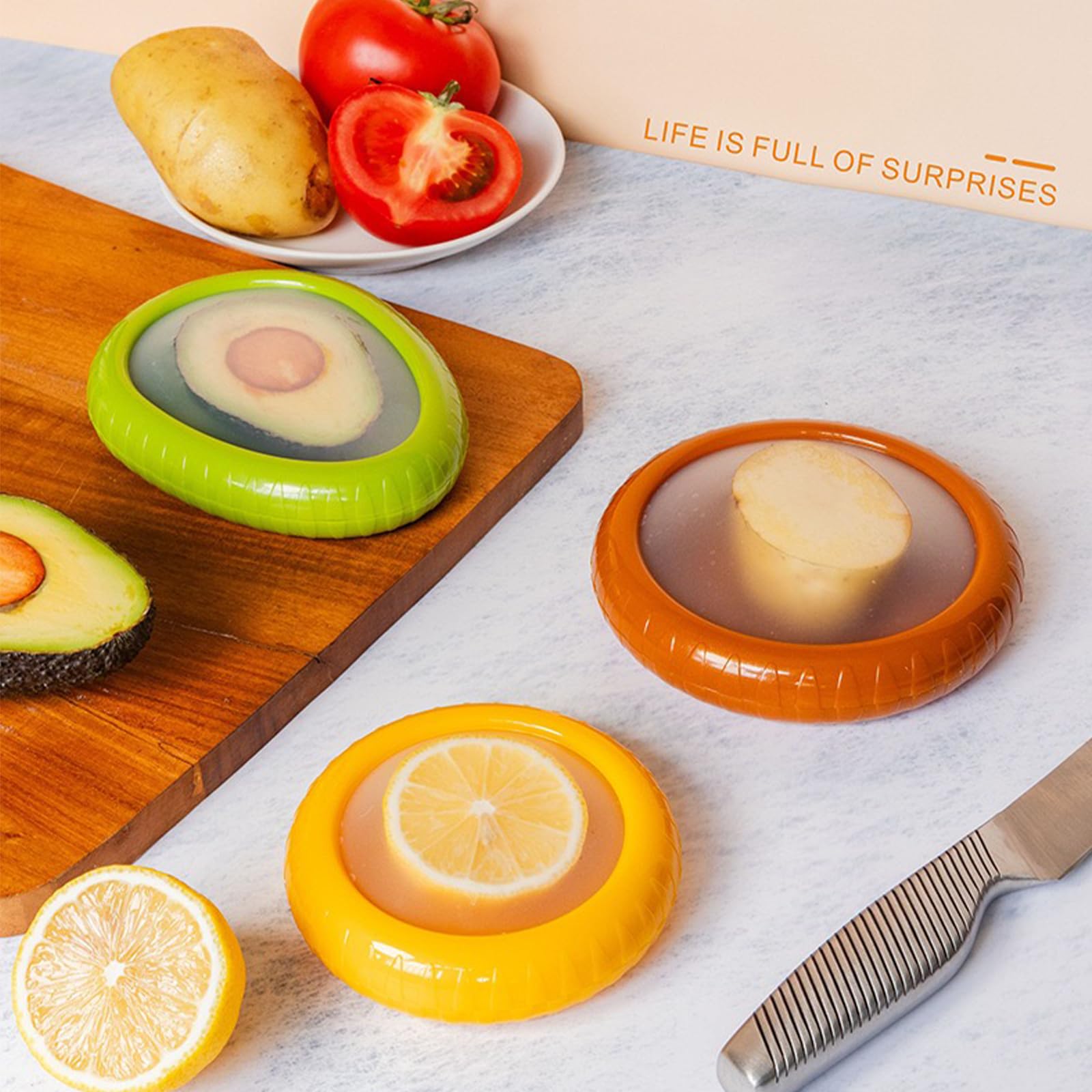 rimzuej 4PC Fruit and vegetable Anti-oxidation Storage Box,Silicone Fruit Storage Box, Storage Containers for Fridge, Reusable Food Saver for Avocado Tomato Onion Lemon(4-pack)