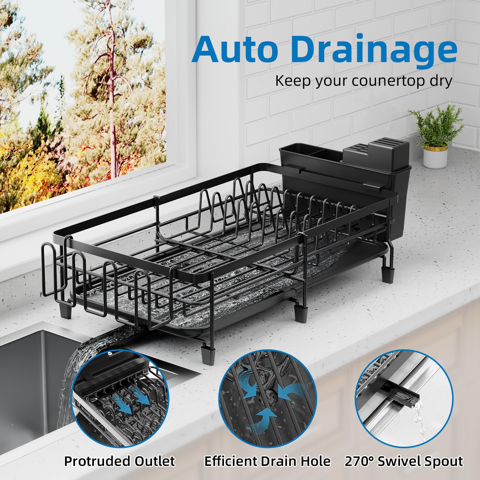 HAYOLPORS Dish Drying Rack - Expandable Dish Rack for Kitchen Counter with Drainboard, Rustproof Large Dish Drainer with Utensil Holder Cup Rack for Kitchen Sink, Black