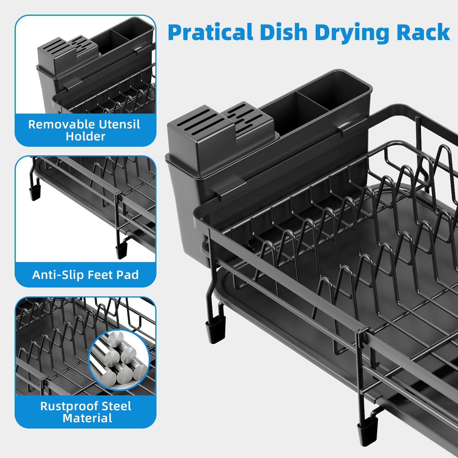 HAYOLPORS Dish Drying Rack - Expandable Dish Rack for Kitchen Counter with Drainboard, Rustproof Large Dish Drainer with Utensil Holder Cup Rack for Kitchen Sink, Black