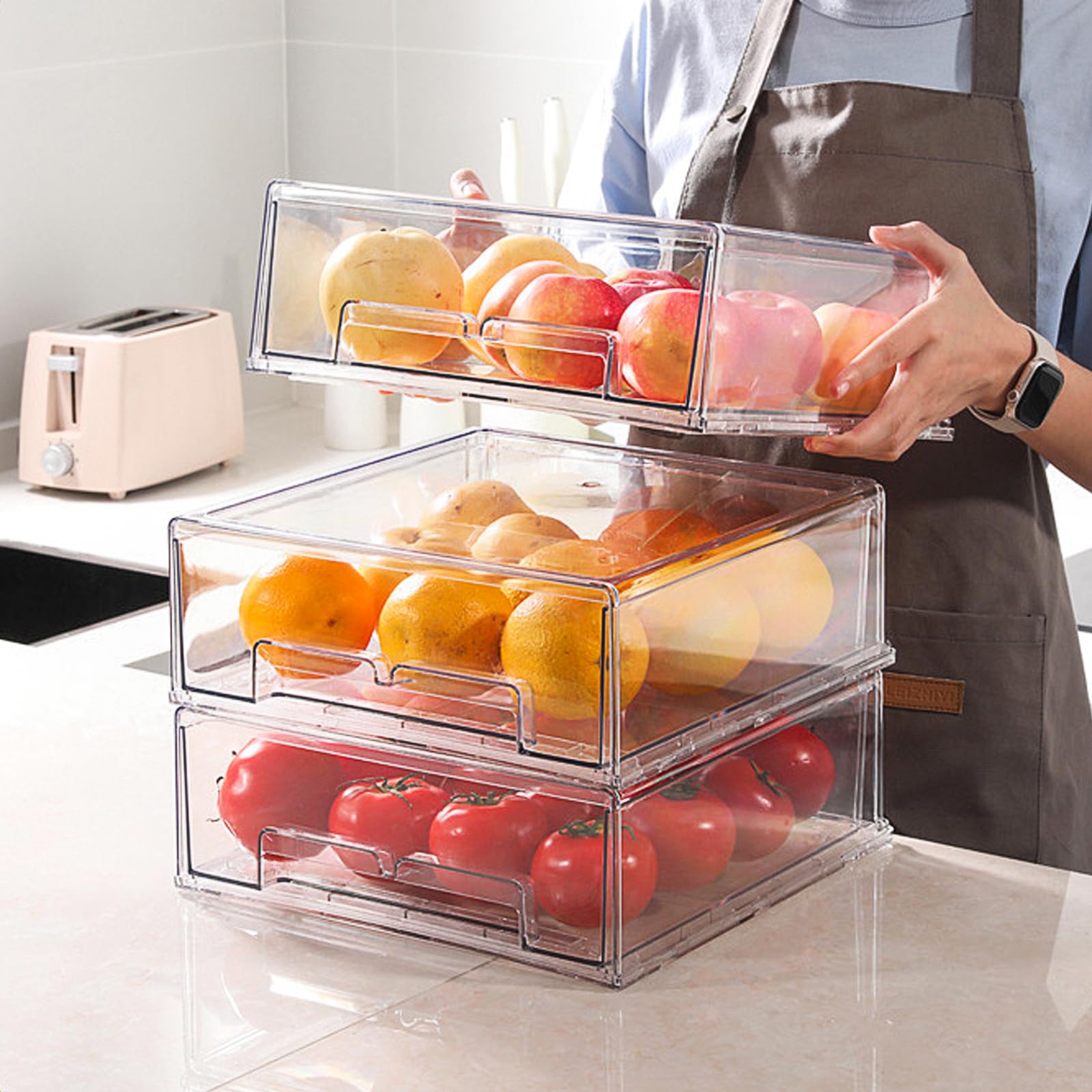 3 Pcs Extra Large Refrigerator Organizer Bins - Pull-Out & Stackable Fridge Drawers, Clear Food Storage Containers for Fruit & Vegetables, Kitchen & Freezers