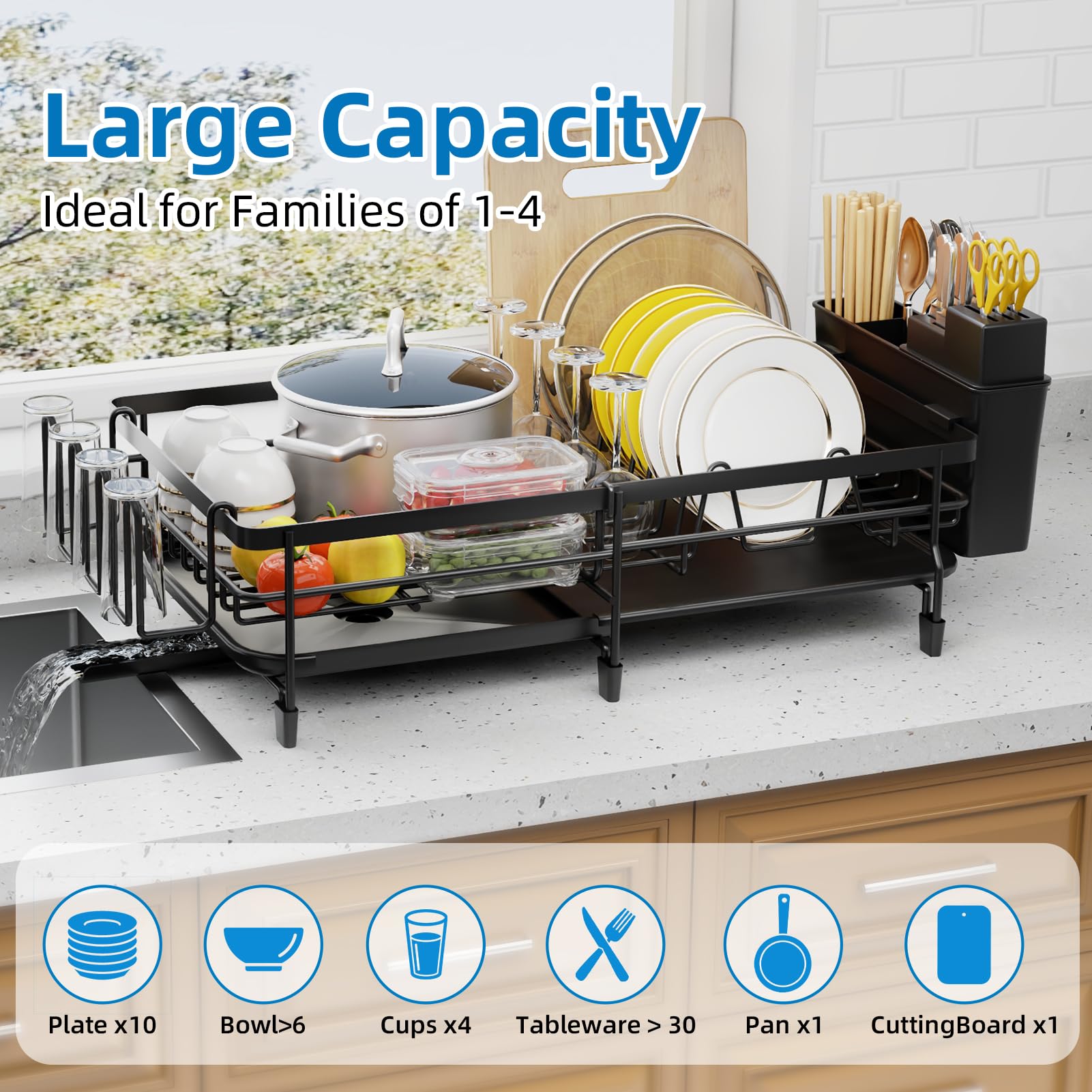 HAYOLPORS Dish Drying Rack - Expandable Dish Rack for Kitchen Counter with Drainboard, Rustproof Large Dish Drainer with Utensil Holder Cup Rack for Kitchen Sink, Black