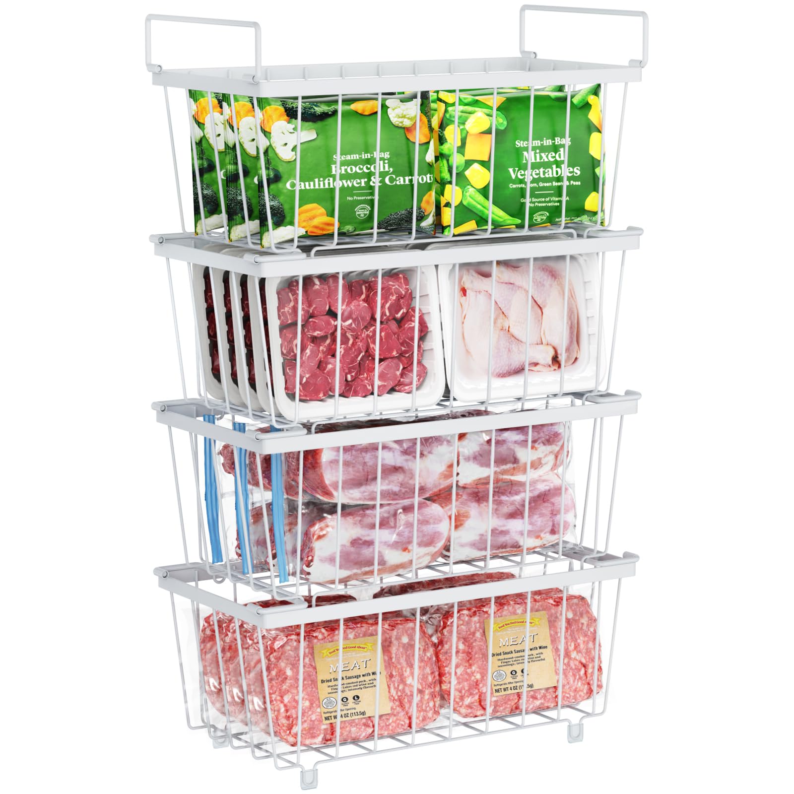 iSPECLE Deep Freezer Organizer Bins - 4 Pack Stackable Small Freezer Organizer Bins for 5 to 9 Cu.FT Small Chest Freezer Sort Frozen Food Easy to Get Food from Bottom without Digging in Freezer, White