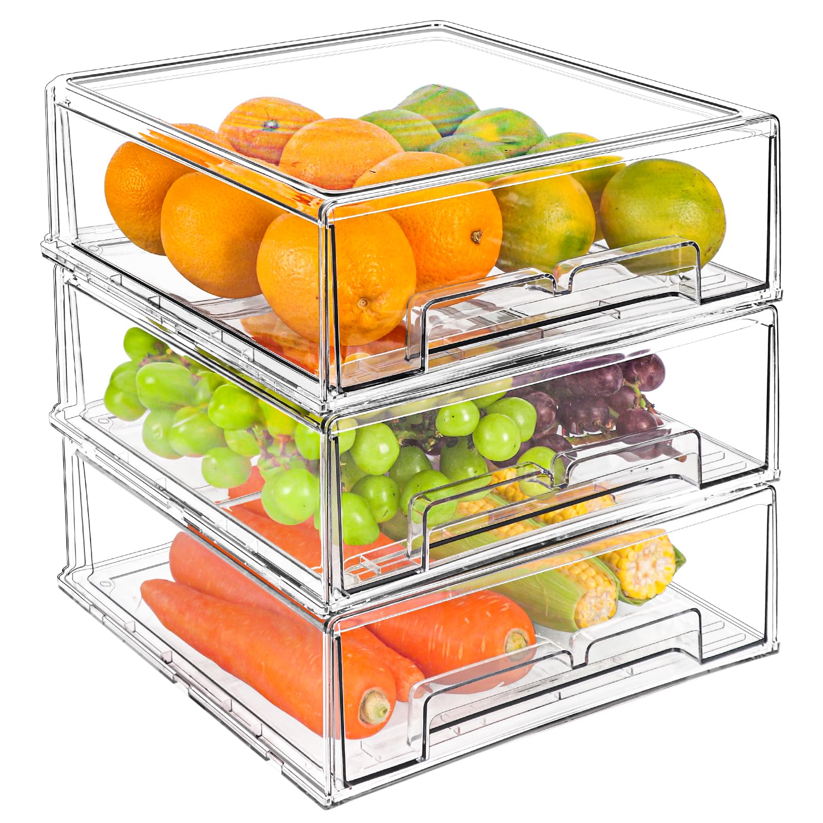 3 Pcs Extra Large Refrigerator Organizer Bins - Pull-Out & Stackable Fridge Drawers, Clear Food Storage Containers for Fruit & Vegetables, Kitchen & Freezers