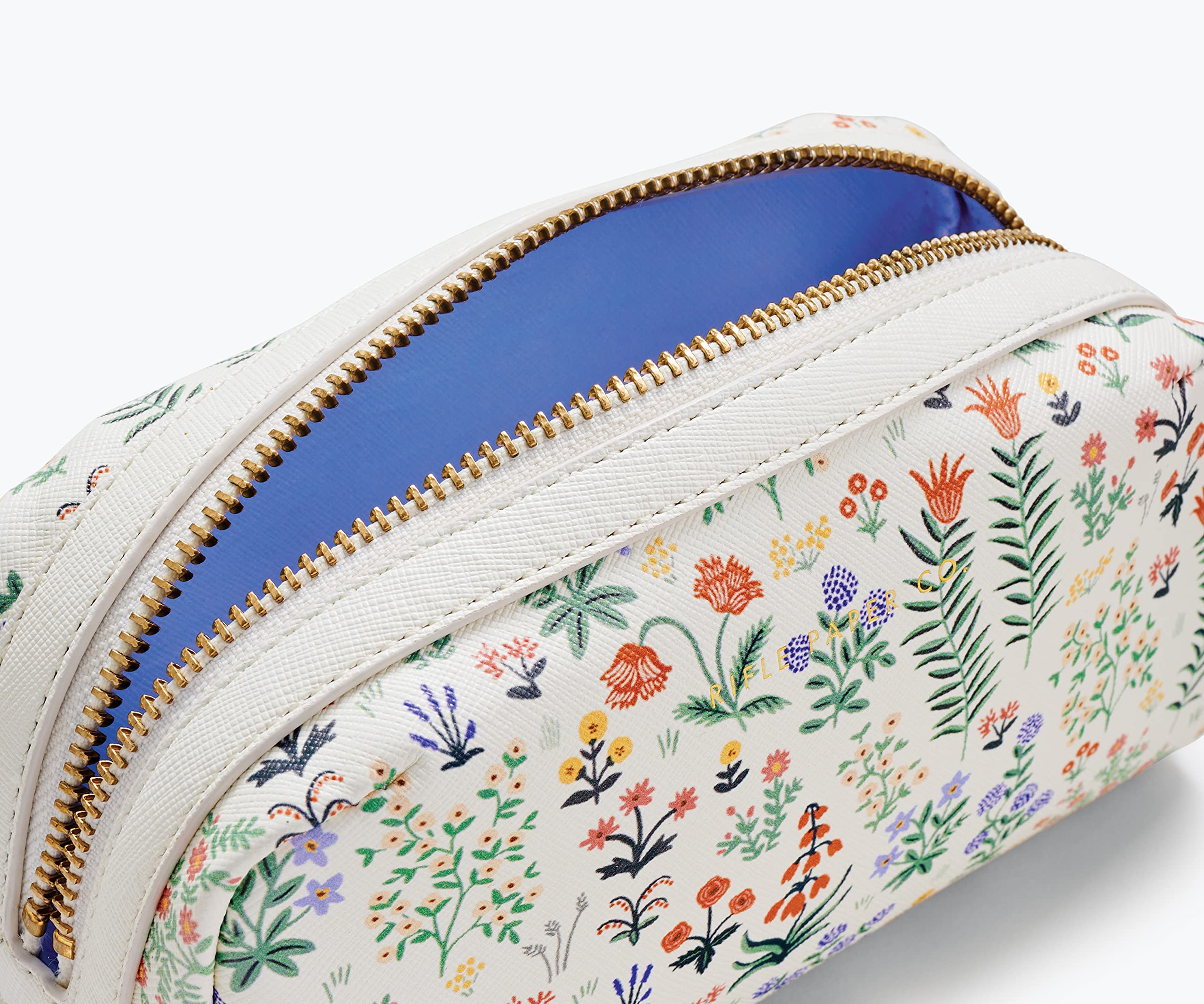 RIFLE PAPER CO. Small Cosmetic Pouch | Store Small Accessories, Gold Zipper, Printed In Full Color With Stylized Pattern & Foil Stamped Logo, Wipe Clean (7" L × 4.25" W × 2.5" H), Menagerie