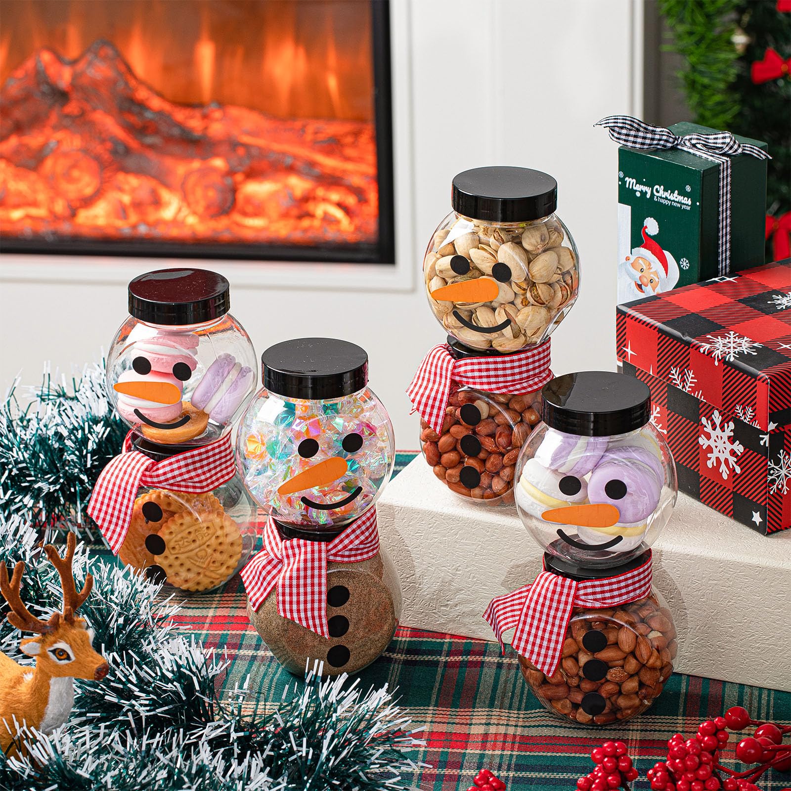 Jingmore 36 Pcs Plastic Candy Jars for Christmas Party Favors Snowman Christmas Candy Jars with Lids Clear Xmas Cookie Jar Container Chocolate Storage Jar with Stickers, Ribbon for Marshmallow Gift