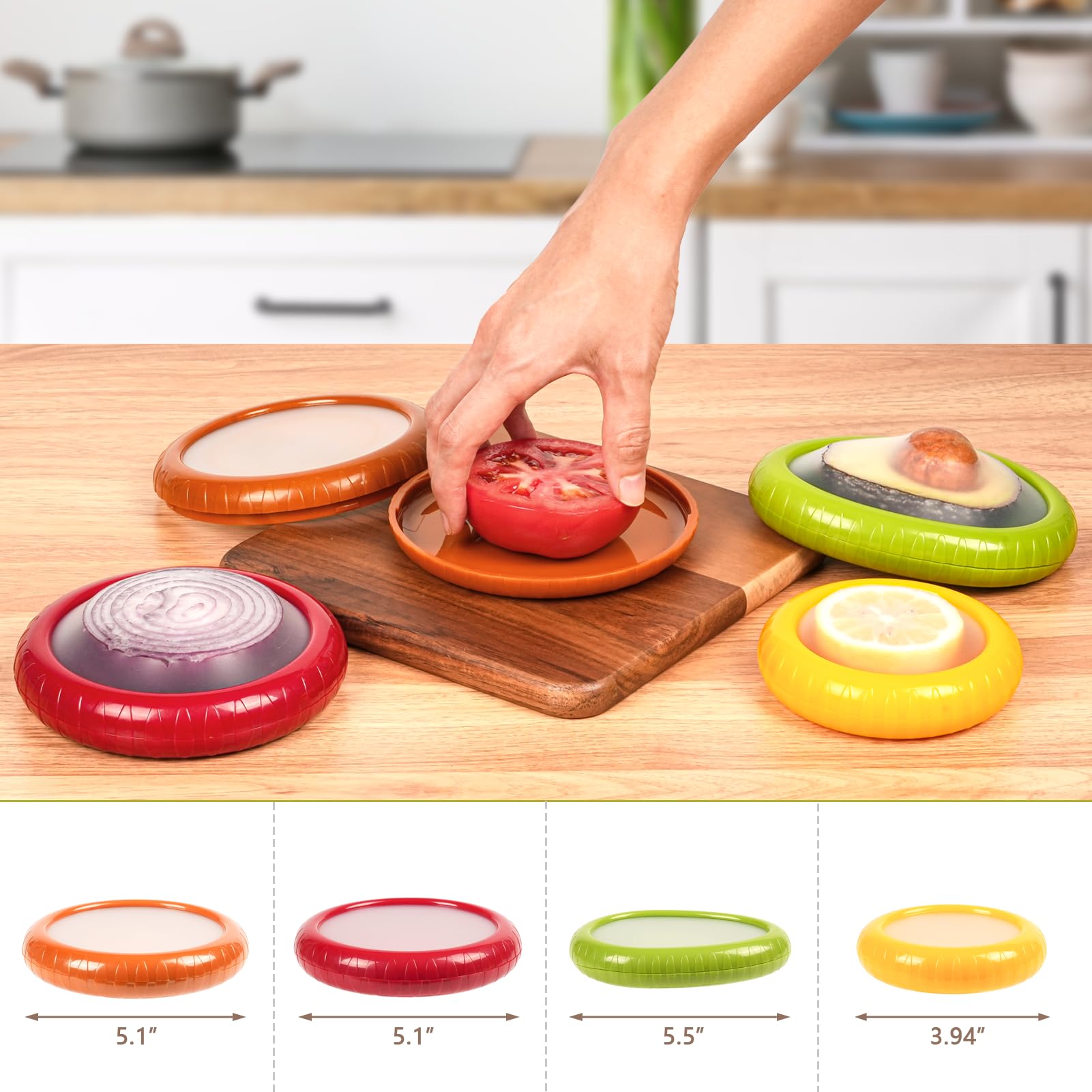 KMC Silicone Fruit Storage Containers, 4PCS Reusable Fruit and Vegetable Anti-oxidation Storage Box, Avocado Lemons Onions Saver and Tomato Holder Food Storage Containers for Fridge