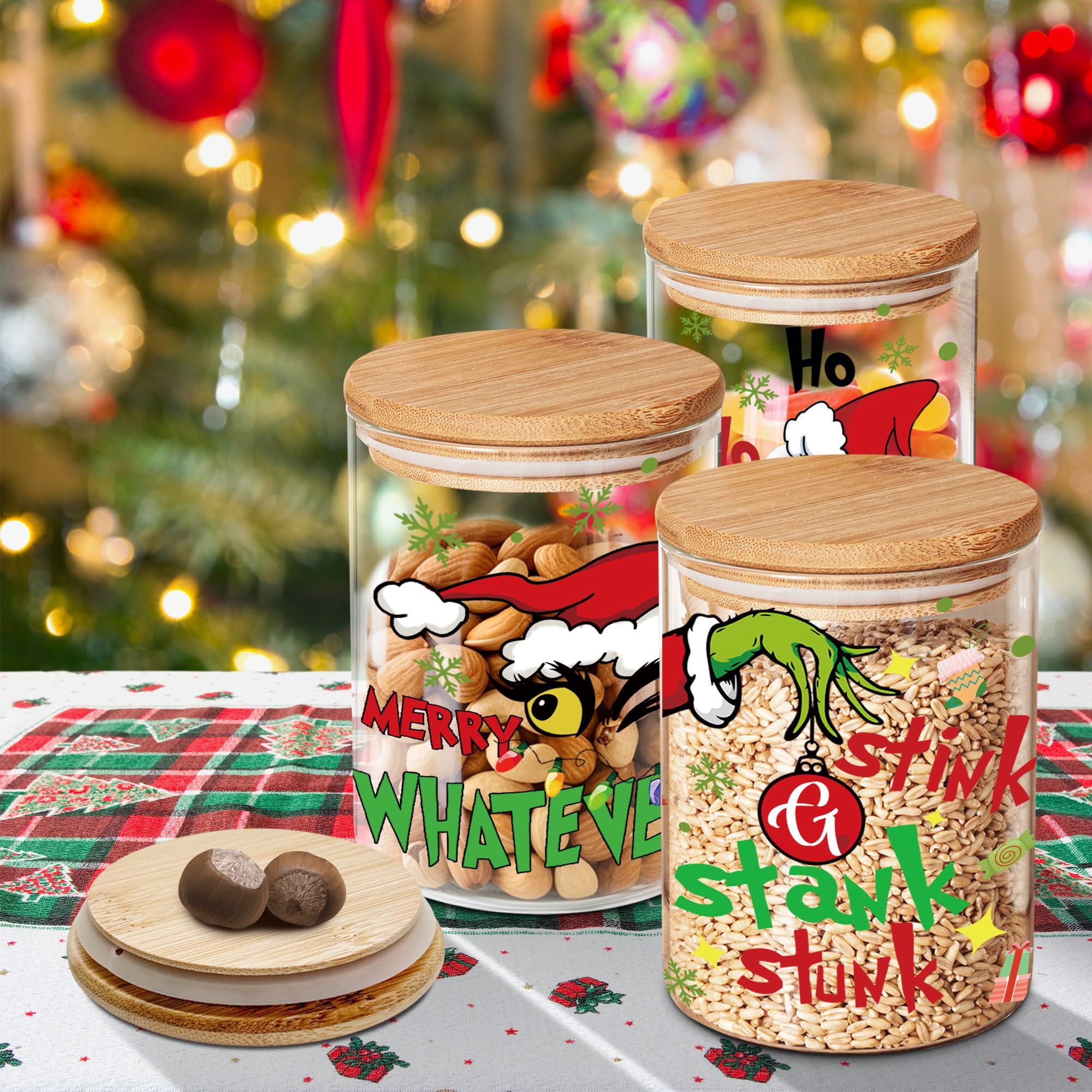 Turgtany Christmas Cookie Jar with Lids, Christmas Kitchen Decor Green, Glass Candy Storage Jars with Airtight Bamboo Lid for Kitchen