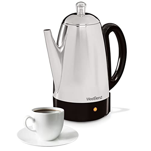 West Bend 54159 Classic Stainless Steel Electric Coffee Percolator with Heat Resistant Handle and Base Features Detachable Cord, 12-cup, Silver