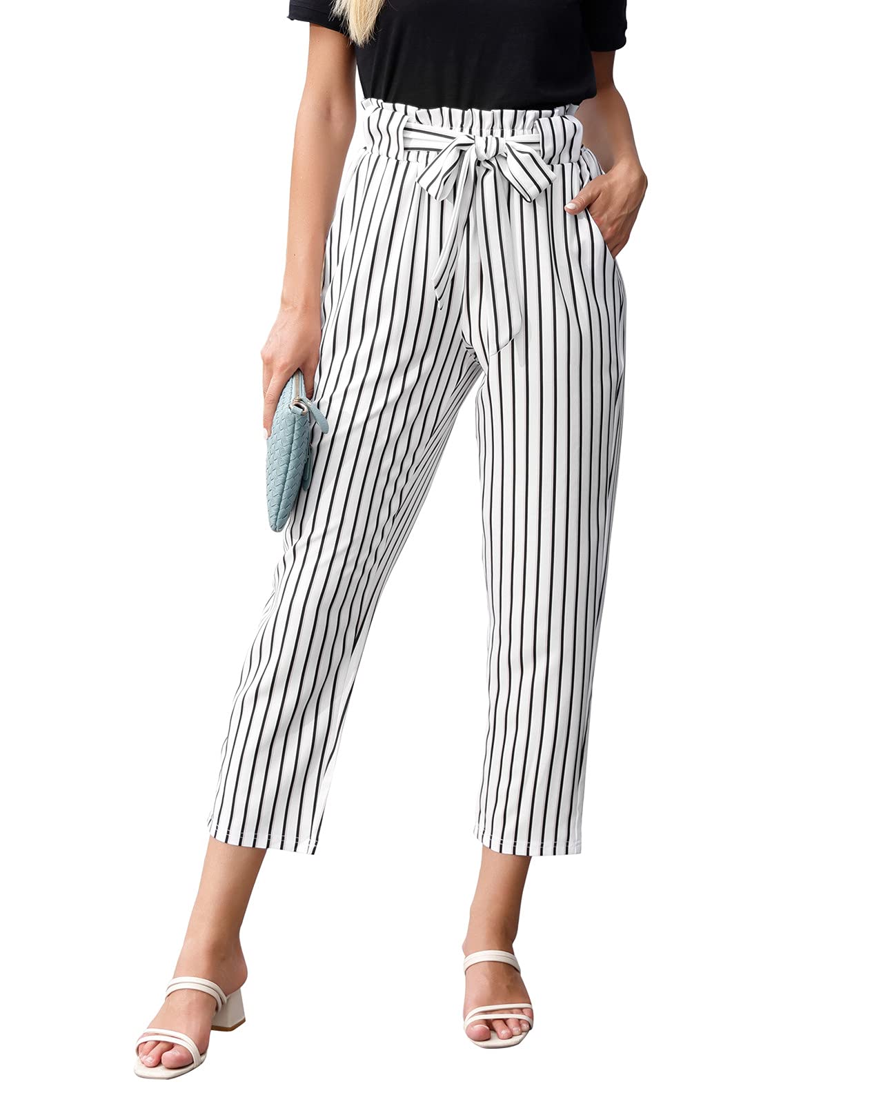 GRACE KARIN Women Pants Striped High Waist Pants Casual Paper Bag Pants with Pockets XL