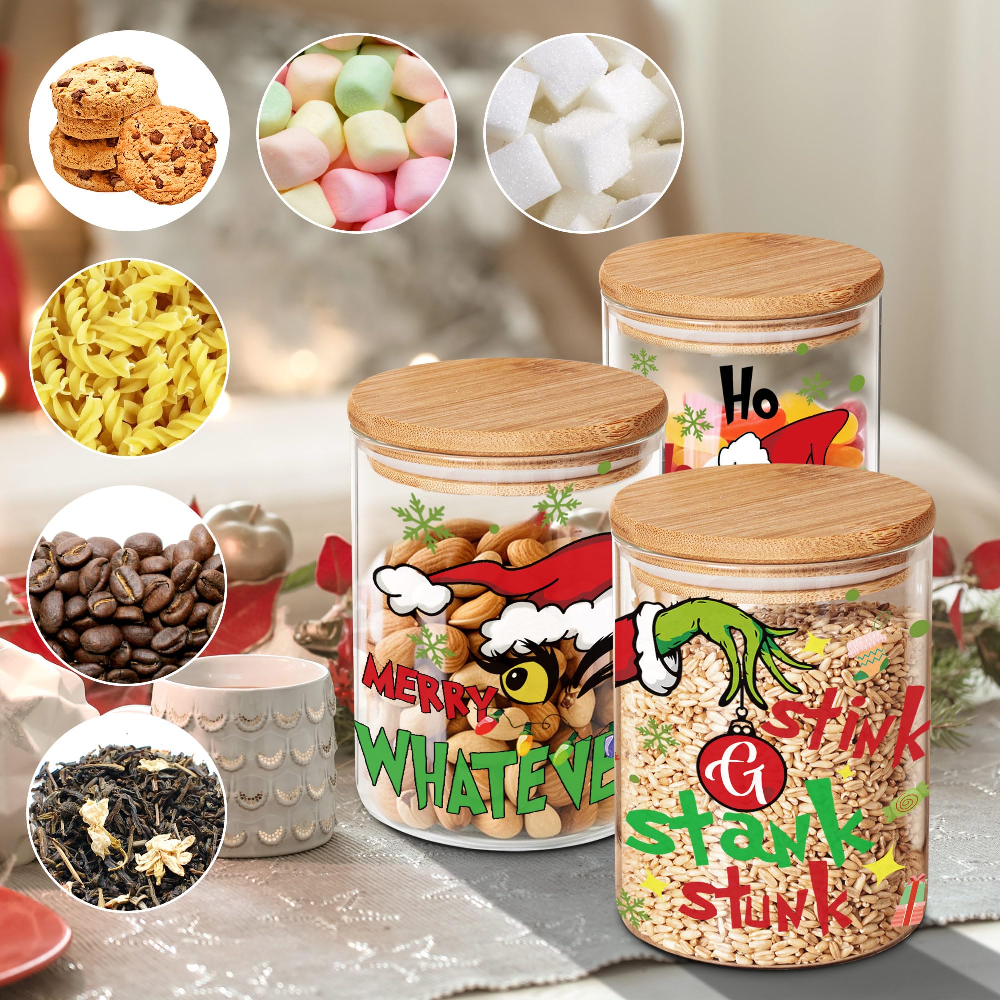 Turgtany Christmas Cookie Jar with Lids, Christmas Kitchen Decor Green, Glass Candy Storage Jars with Airtight Bamboo Lid for Kitchen