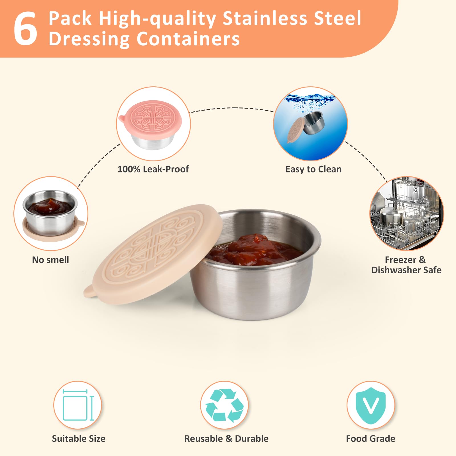 QWEIDHI 6x1.6 Oz Salad Dressing Containers With Lids, Stainless Steel Small Condiment Containers with Leakproof Silicone Lids, Reusable Sauce Containers for Lunch Boxes