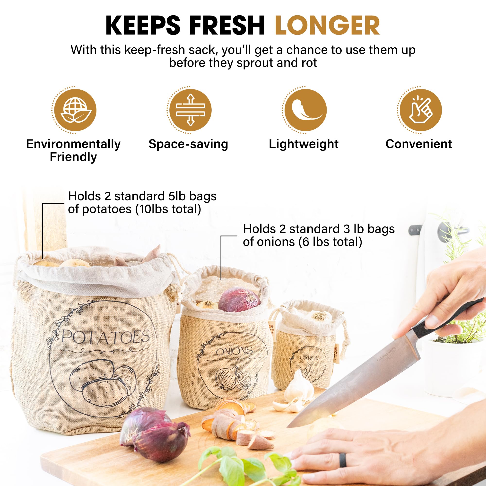 Potato Storage Bag | Natural Jute Potato Onion Garlic Storage Set for Pantry | Breathable & Fresh Onion Potato Storage | Easy to Clean Potato and Onion Storage Bag | Air Flow, Light Blocking