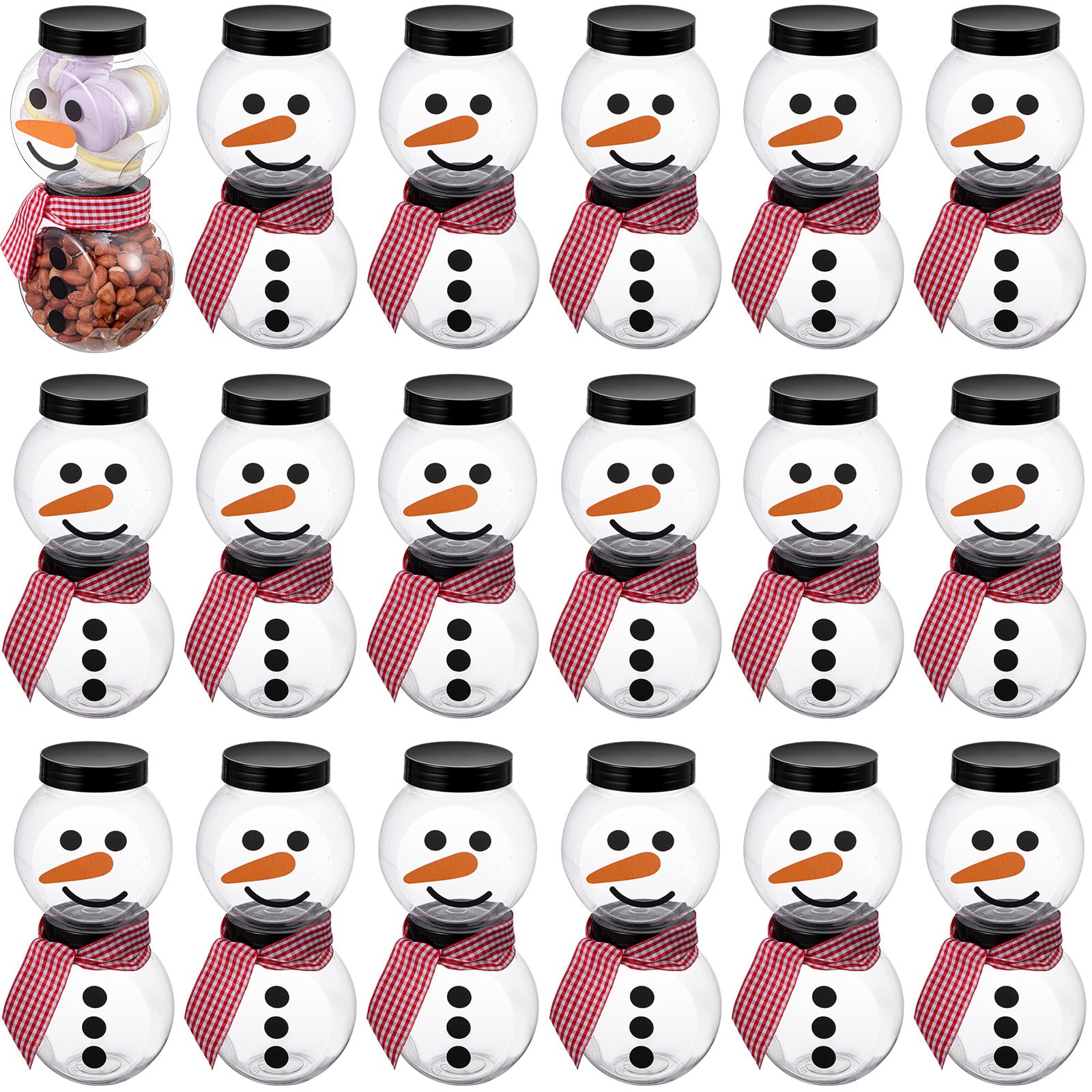 Jingmore 36 Pcs Plastic Candy Jars for Christmas Party Favors Snowman Christmas Candy Jars with Lids Clear Xmas Cookie Jar Container Chocolate Storage Jar with Stickers, Ribbon for Marshmallow Gift