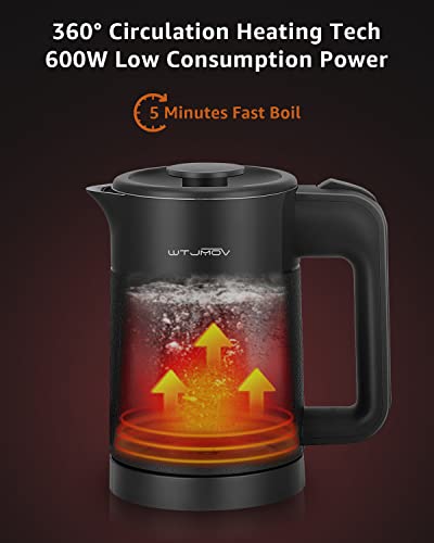 WTJMOV 0.6L Small Electric Tea Kettle Lightweight, Double Wall Hot Water Boiler Stainless Steel Auto Shut-off, 120V Portable Travel Electric Kettle Fast Boil for Tea and Coffee, Black