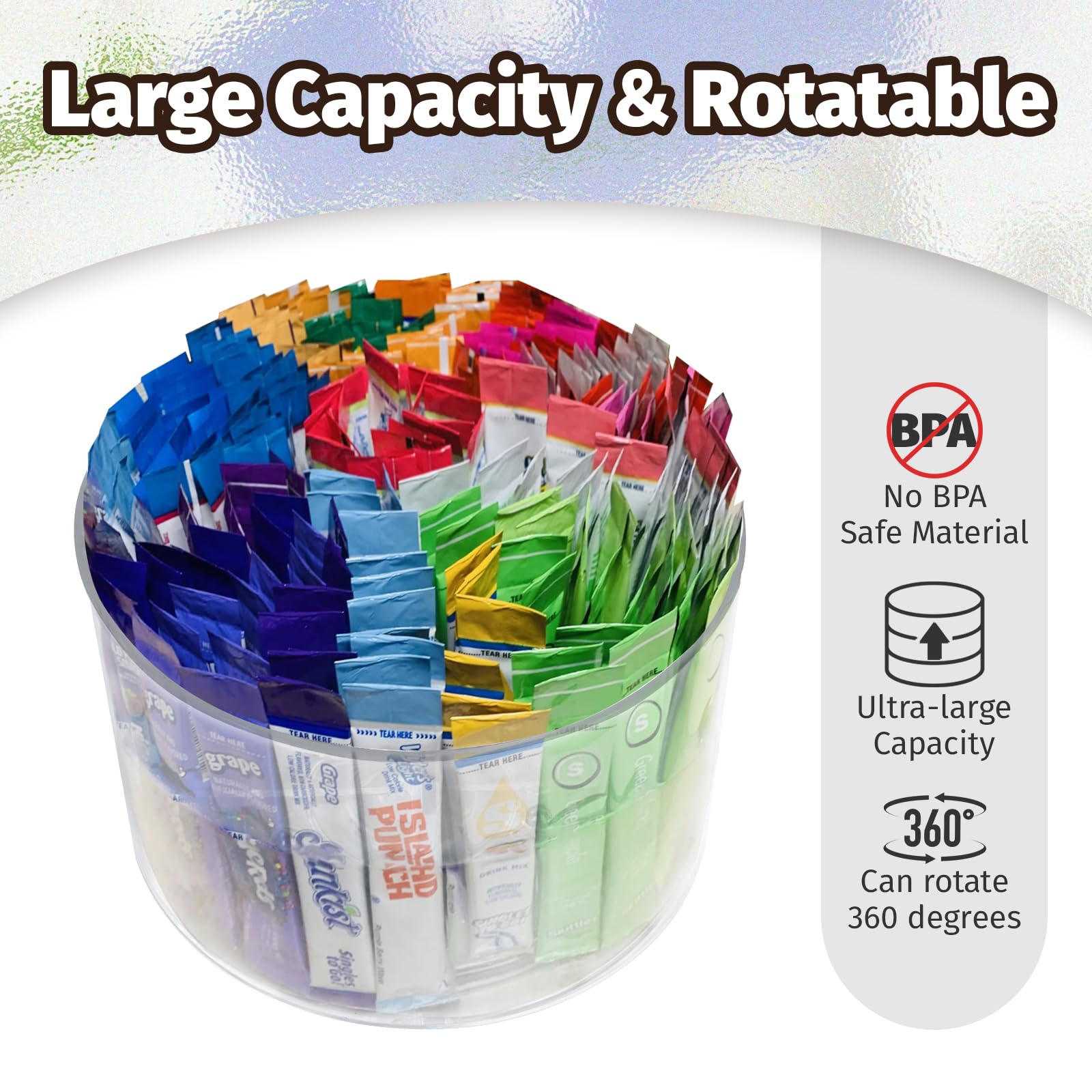 Drink Packet Organizer for Powdered Drink Mix,Powder Packet,Water Packet,Water Flavor Packet,Lazy Susan Organizer for Drink Mix Rotating Holder for Drink Mix Necessities