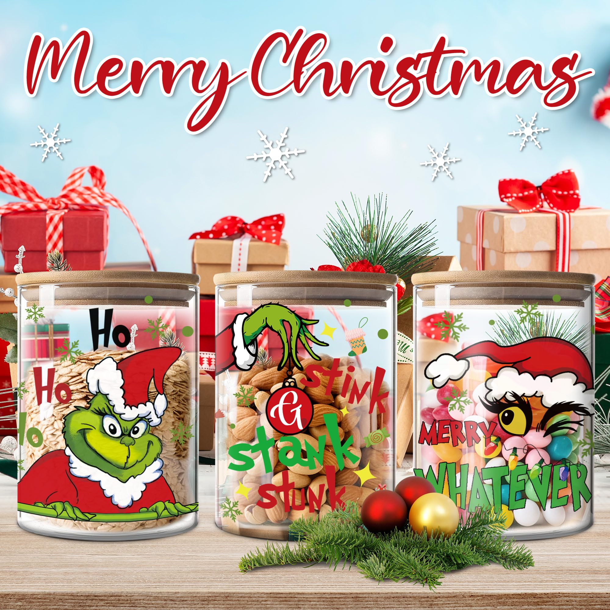 Turgtany Christmas Cookie Jar with Lids, Christmas Kitchen Decor Green, Glass Candy Storage Jars with Airtight Bamboo Lid for Kitchen