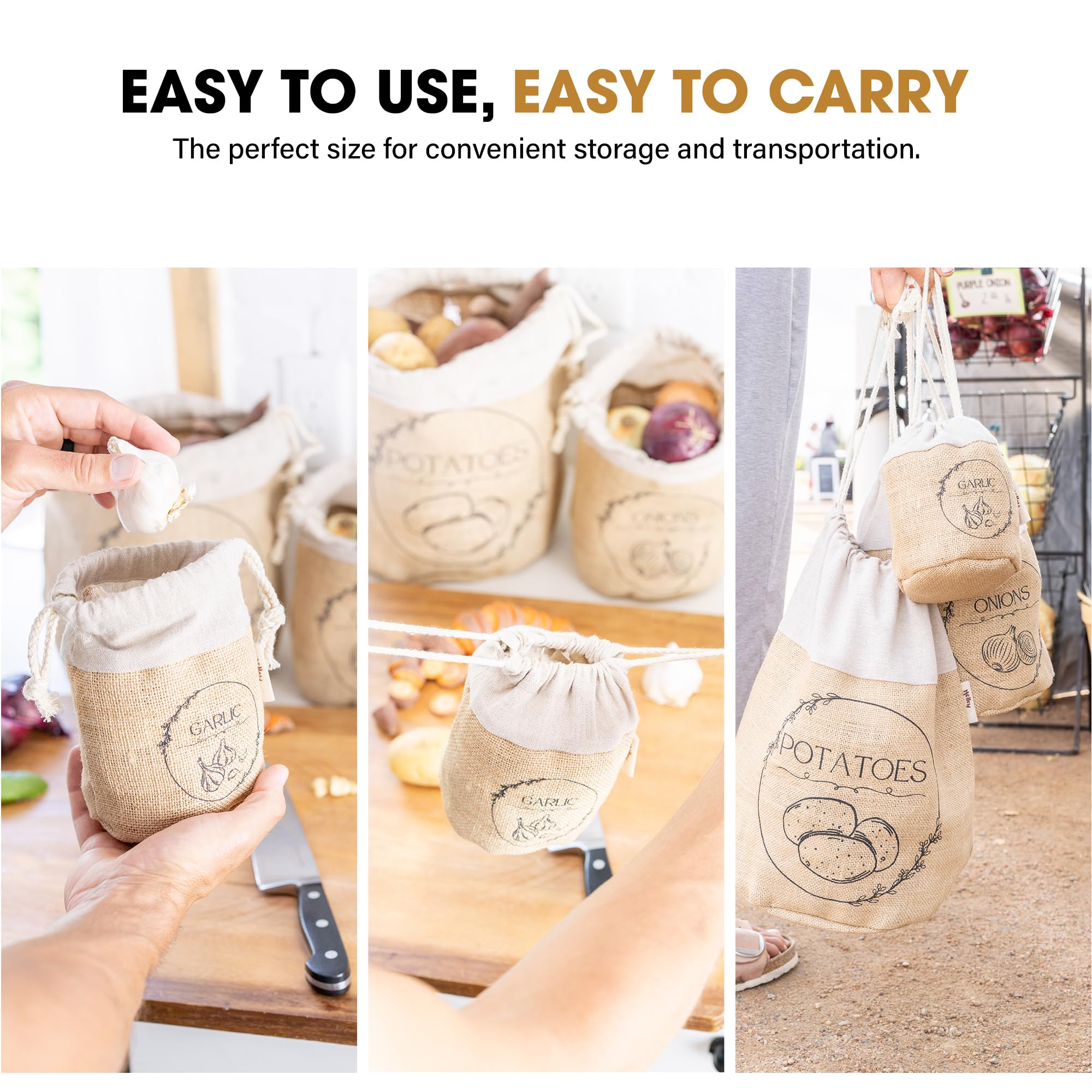 Potato Storage Bag | Natural Jute Potato Onion Garlic Storage Set for Pantry | Breathable & Fresh Onion Potato Storage | Easy to Clean Potato and Onion Storage Bag | Air Flow, Light Blocking