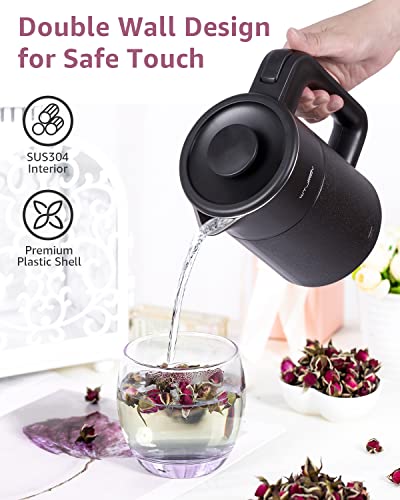 WTJMOV 0.6L Small Electric Tea Kettle Lightweight, Double Wall Hot Water Boiler Stainless Steel Auto Shut-off, 120V Portable Travel Electric Kettle Fast Boil for Tea and Coffee, Black