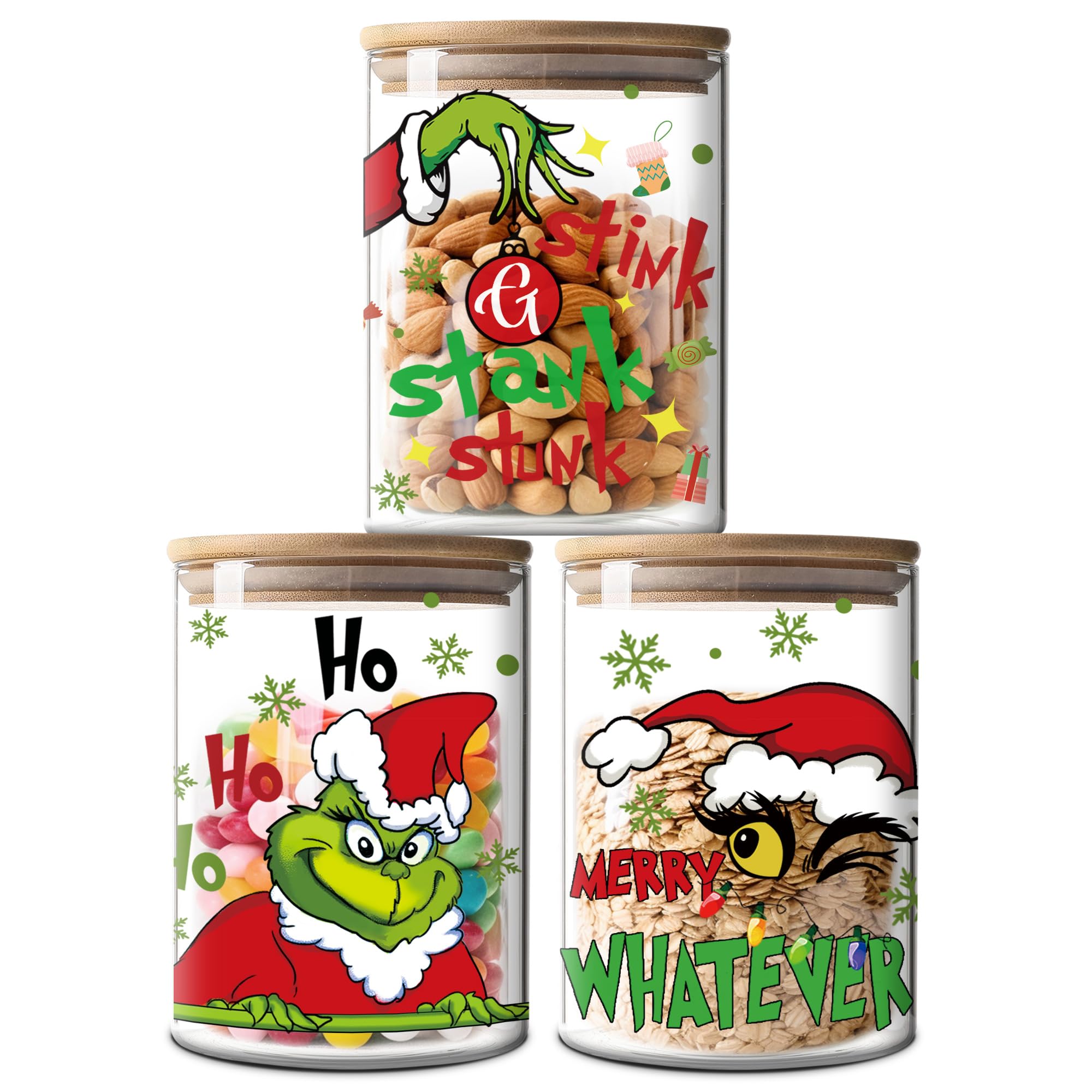 Turgtany Christmas Cookie Jar with Lids, Christmas Kitchen Decor Green, Glass Candy Storage Jars with Airtight Bamboo Lid for Kitchen