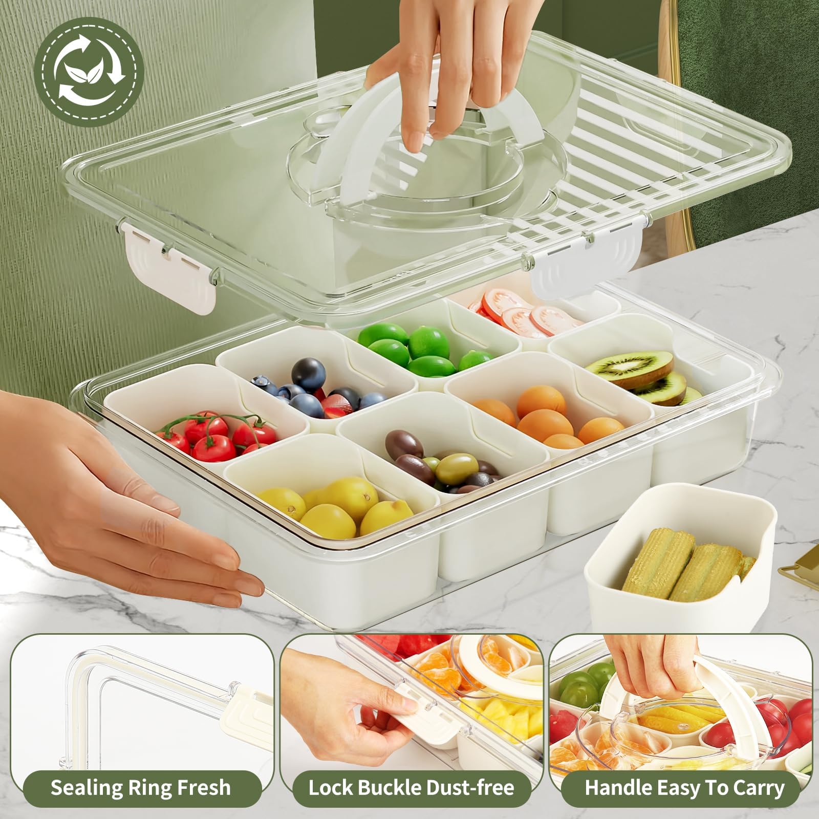 Snackle Box Container, Divided Serving Tray with Lid and Handle, 8 Compartments Serving Platters and 5 Stainless Steel Forks, Perfect for Organizing and Storing Candy, Fruits, Nuts, Snacks