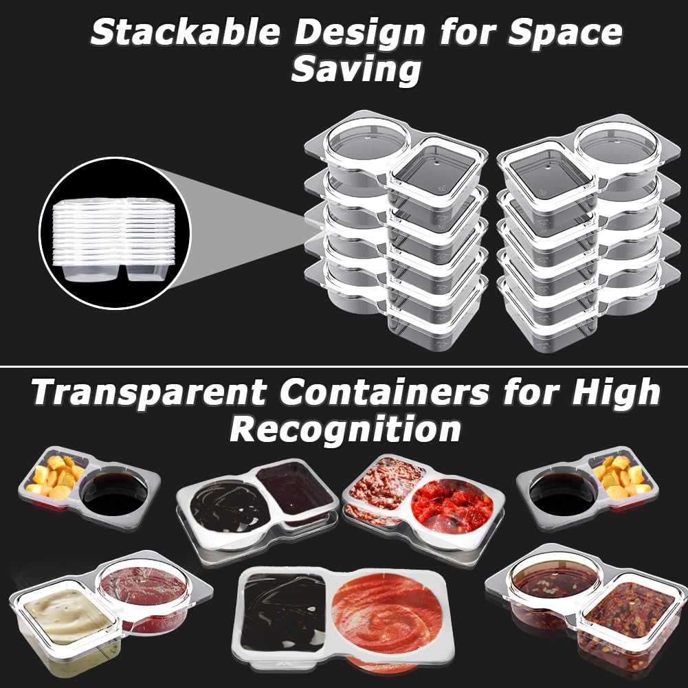 SEILETOO 40PCS Double Compartment Condiment Containers with Lids, 2025 New Disposable 2 Compartment Snack Containers, Plastic Bento Boxes for Office,Picnic,Microwave Safe