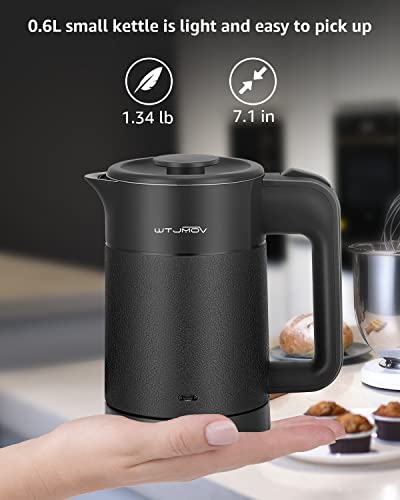 WTJMOV 0.6L Small Electric Tea Kettle Lightweight, Double Wall Hot Water Boiler Stainless Steel Auto Shut-off, 120V Portable Travel Electric Kettle Fast Boil for Tea and Coffee, Black