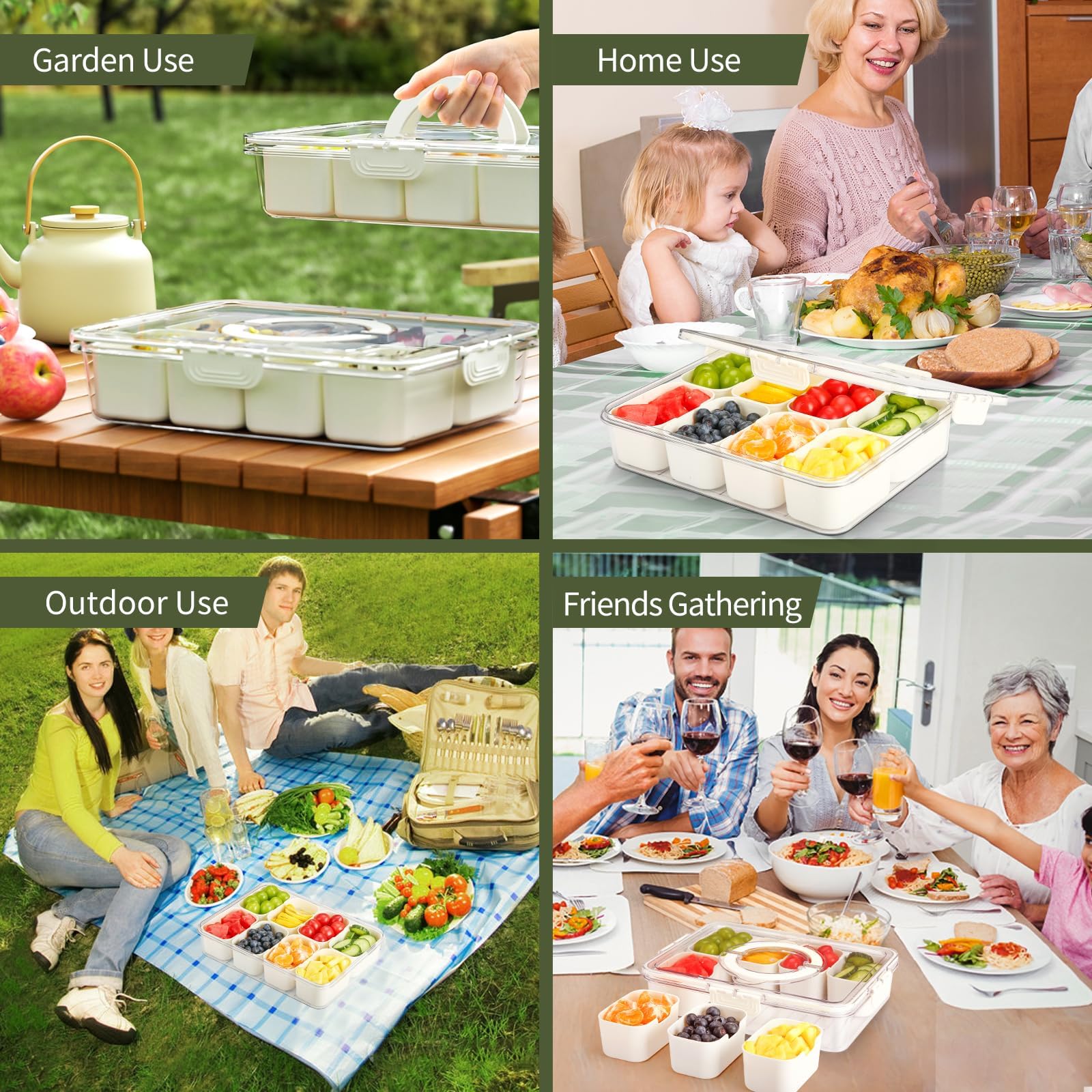 Snackle Box Container, Divided Serving Tray with Lid and Handle, 8 Compartments Serving Platters and 5 Stainless Steel Forks, Perfect for Organizing and Storing Candy, Fruits, Nuts, Snacks