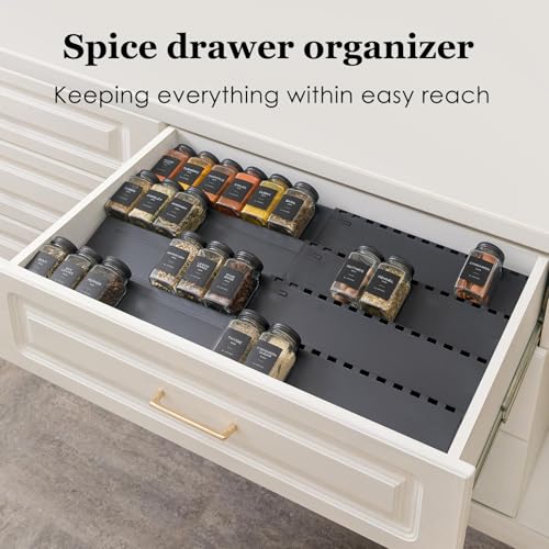 Homhut Spice Drawer Organizer, 4 Tier- 4 Pack Drawer Seasoning Organizer Expandable from 13" to 24.4", Spice Rack for Kitchen Drawers, Spice Organization Insert Tray for Drawer (Jars not included)