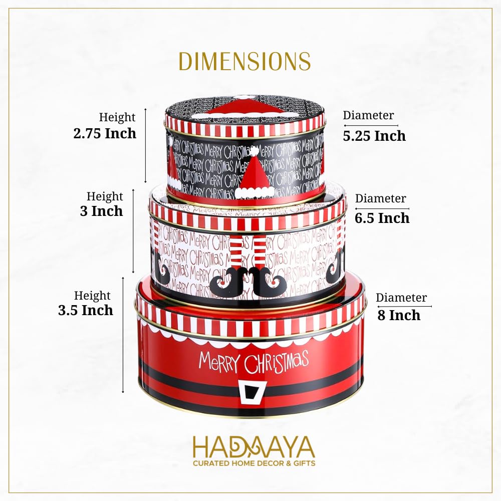 hadaaya Pack of 3 Round Metal Nesting Tins β Stackable Storage Containers with Lids for Kids' Cookies, Candy, Snacks, Crafts & Kitchen β Fun Xmas Elf Hat Design