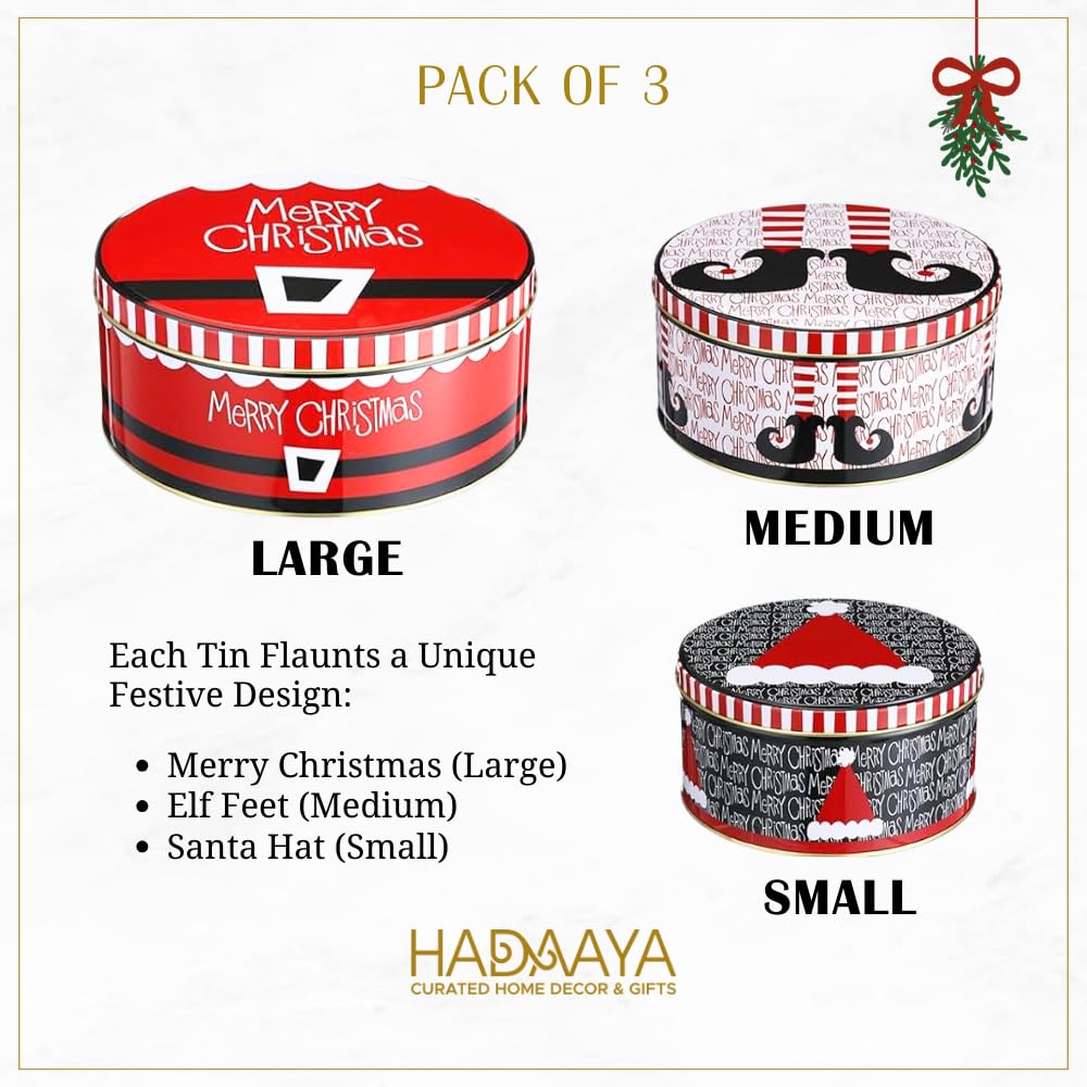 hadaaya Pack of 3 Round Metal Nesting Tins β Stackable Storage Containers with Lids for Kids' Cookies, Candy, Snacks, Crafts & Kitchen β Fun Xmas Elf Hat Design