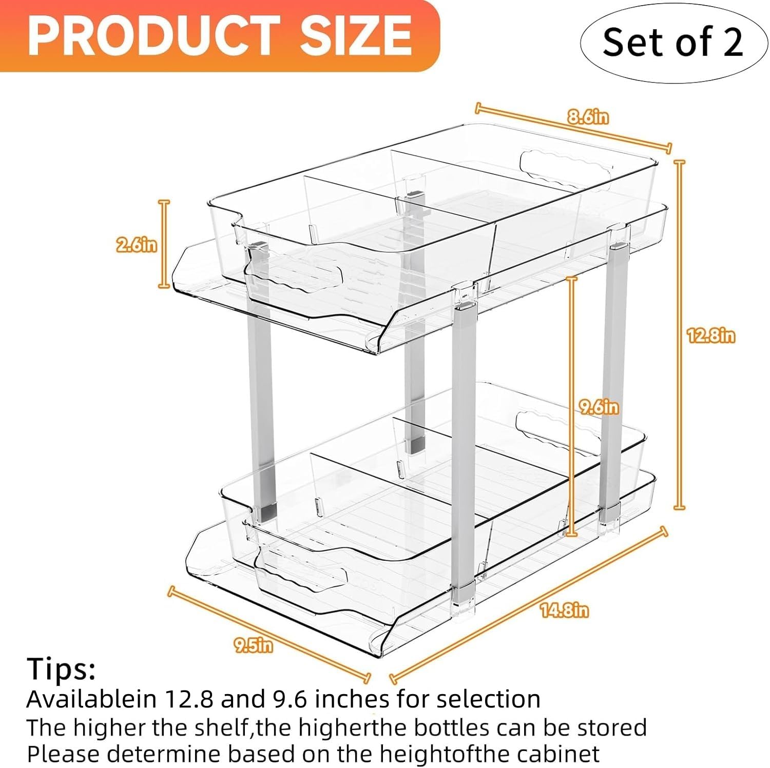 2 Pack Bathroom Cabinet Organizer,Clear 2 Tier Pull Out Under Sink Organizers and Storage,14.8 L*9.5 W*12.8 Tall Slide Out Kitchen Pantry Medicine Organization and Storage Shelves Bins with Dividers
