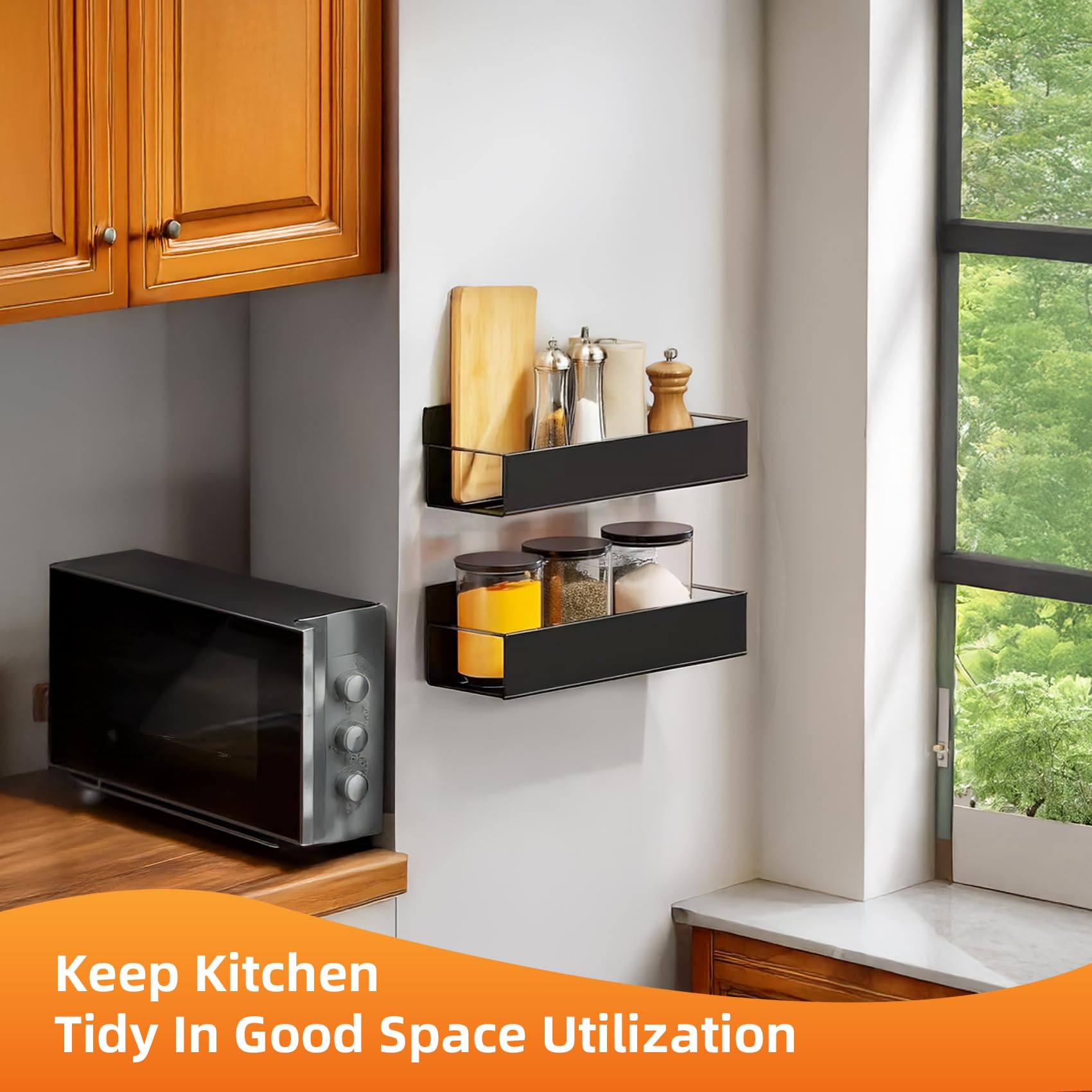 SYLLENHOD Kitchen Spice Rack: 2 Packs Black Adhesive Wall Mount - 11.8" Large Hanging Storage Organizer Cabinet Without Drilling for Smooth Wall - Work Room Bathroom Shelves